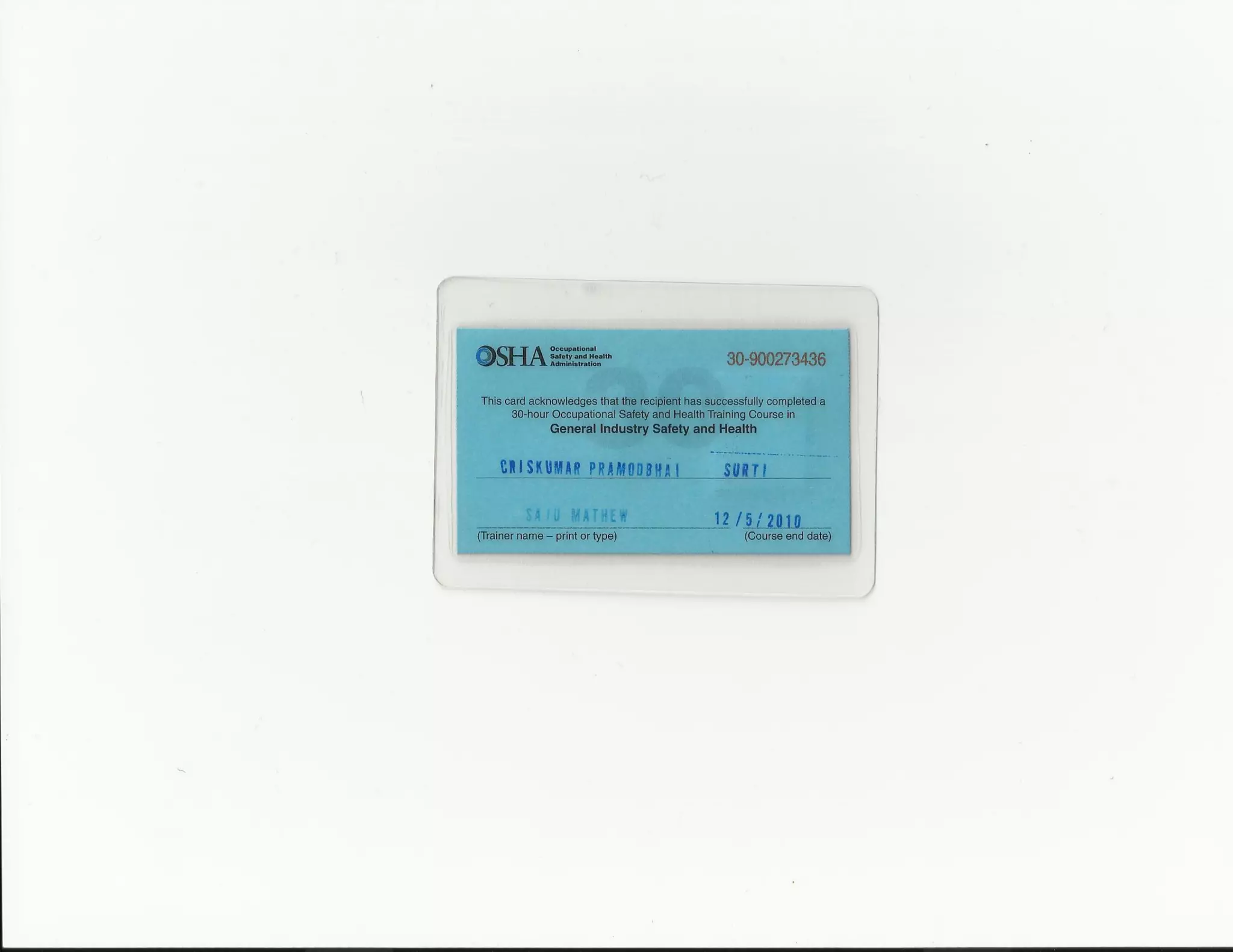 OSHA ID CARD BACK PART | PPT