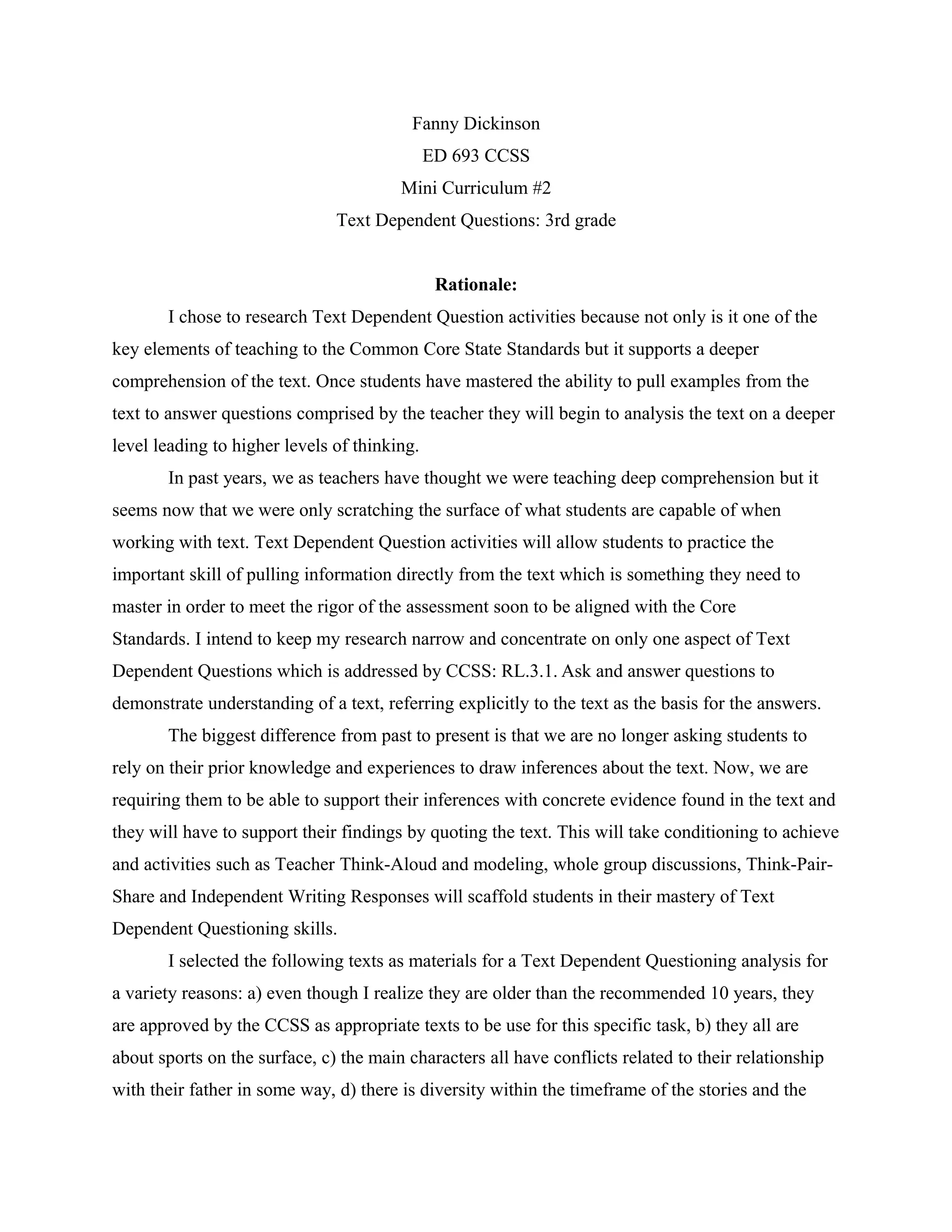 3rd grade Text Dependent Questions lesson plan | PDF