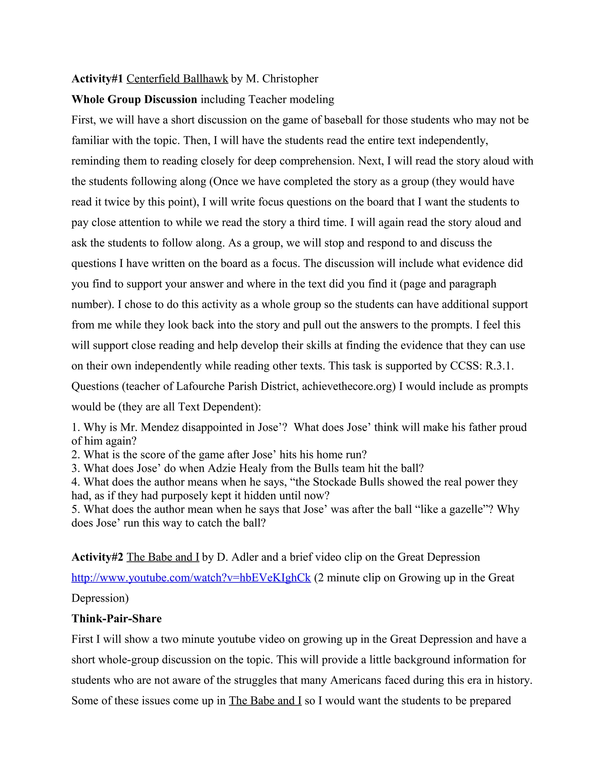 3rd grade Text Dependent Questions lesson plan | DOC