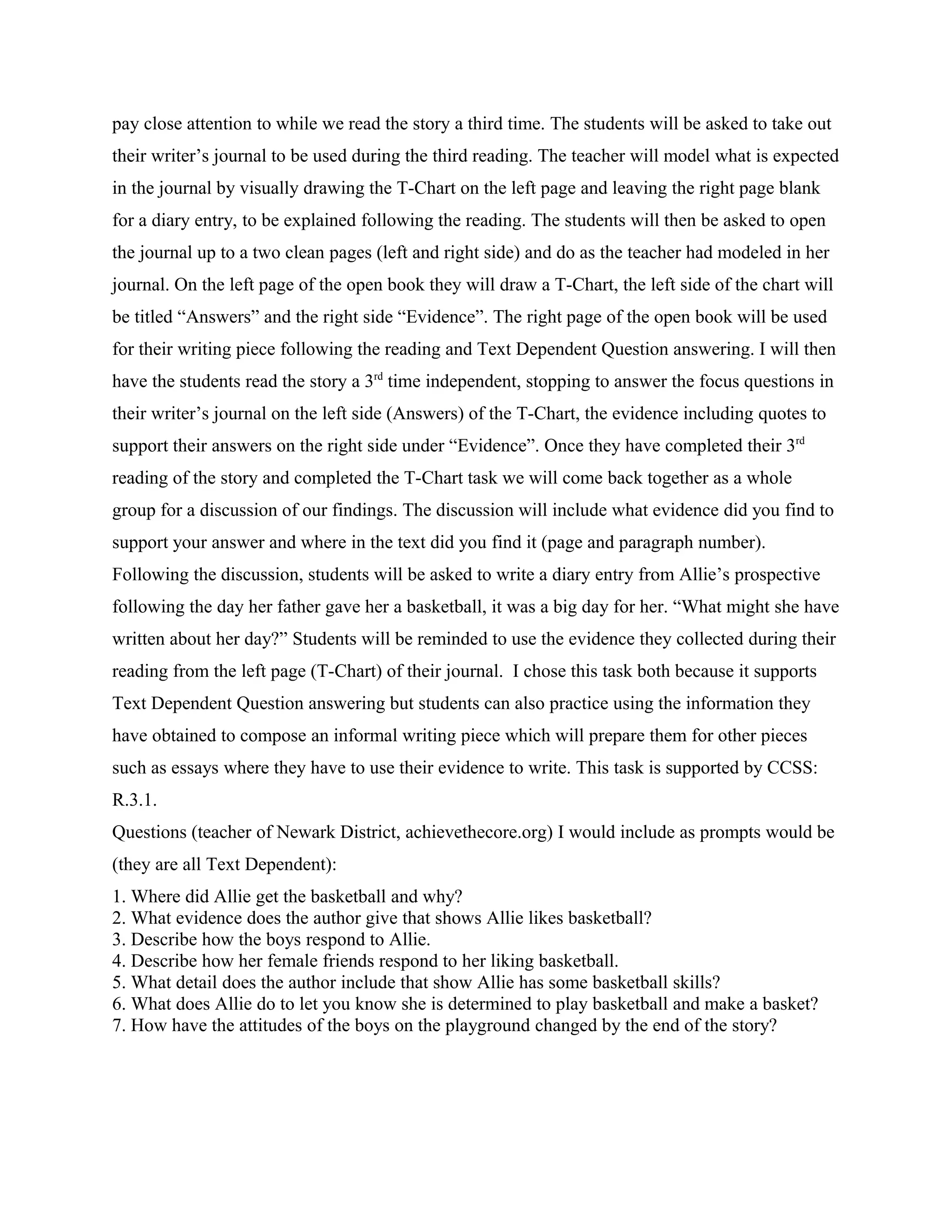 3rd grade Text Dependent Questions lesson plan | DOC