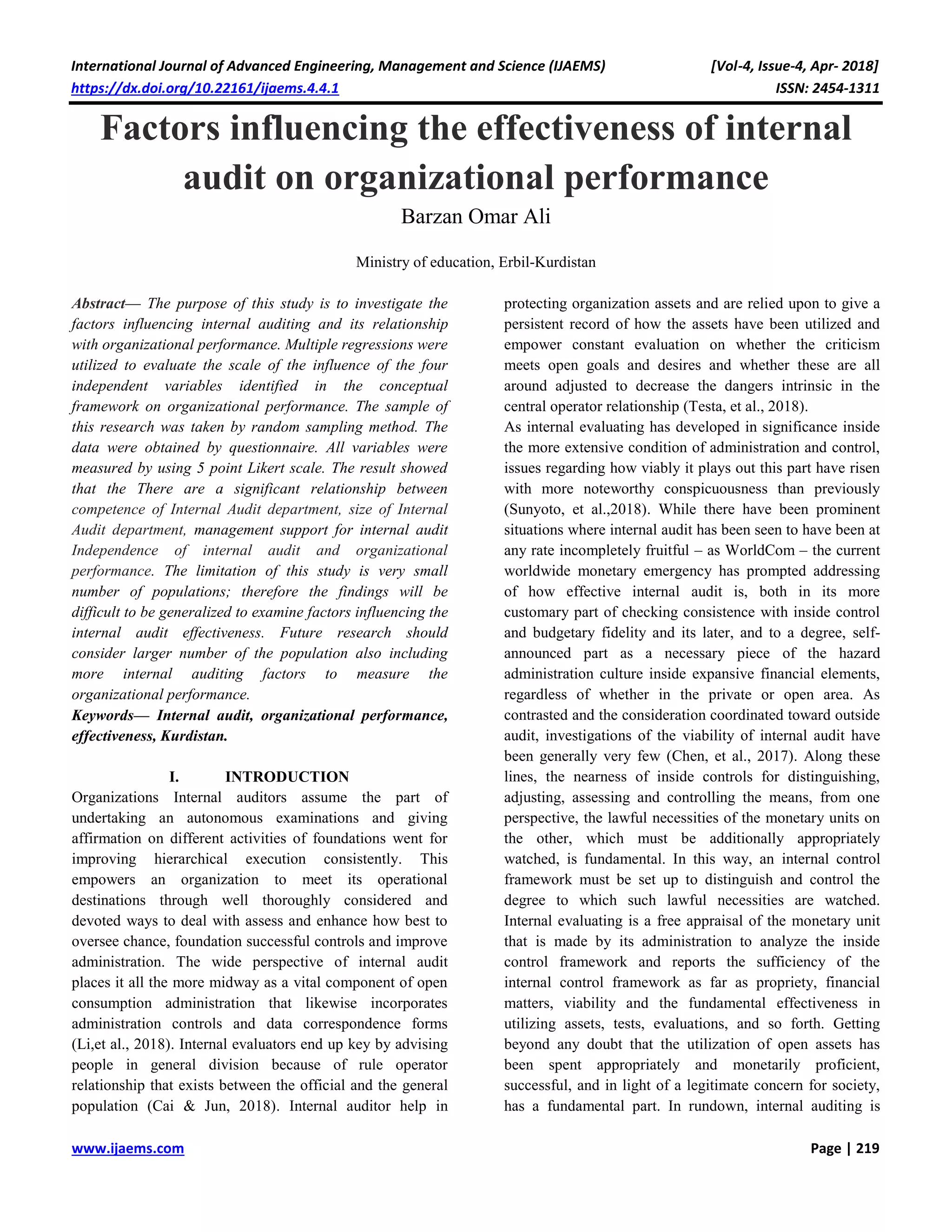Factors influencing the effectiveness of internal audit on organizational performance | PDF