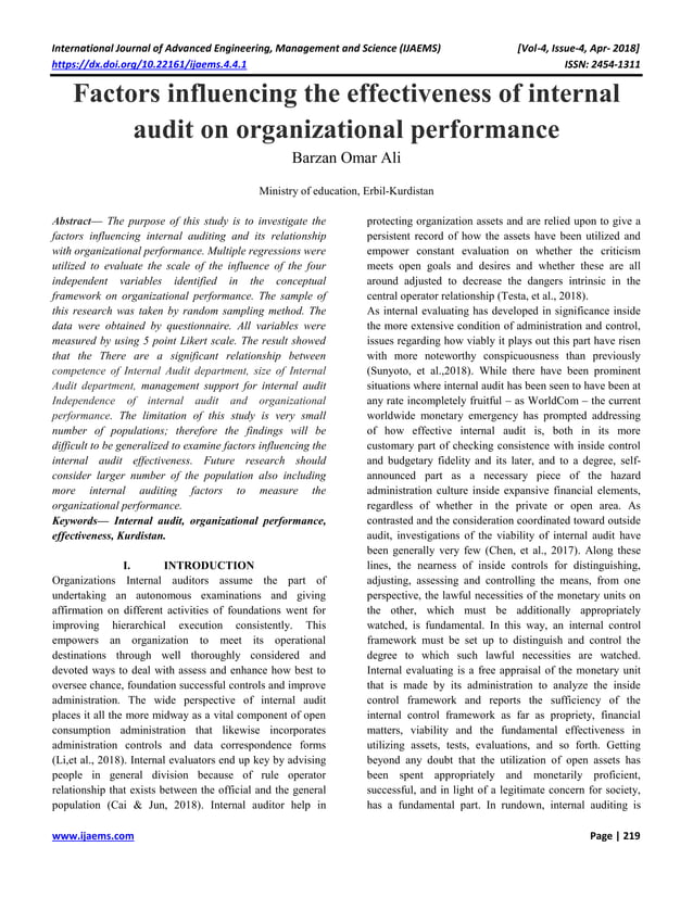 Factors influencing the effectiveness of internal audit on ...