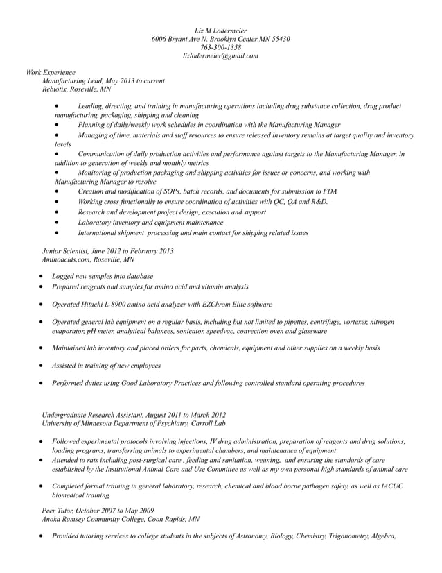 Liz M Lodermeier Resume | DOC | Chemistry | Science