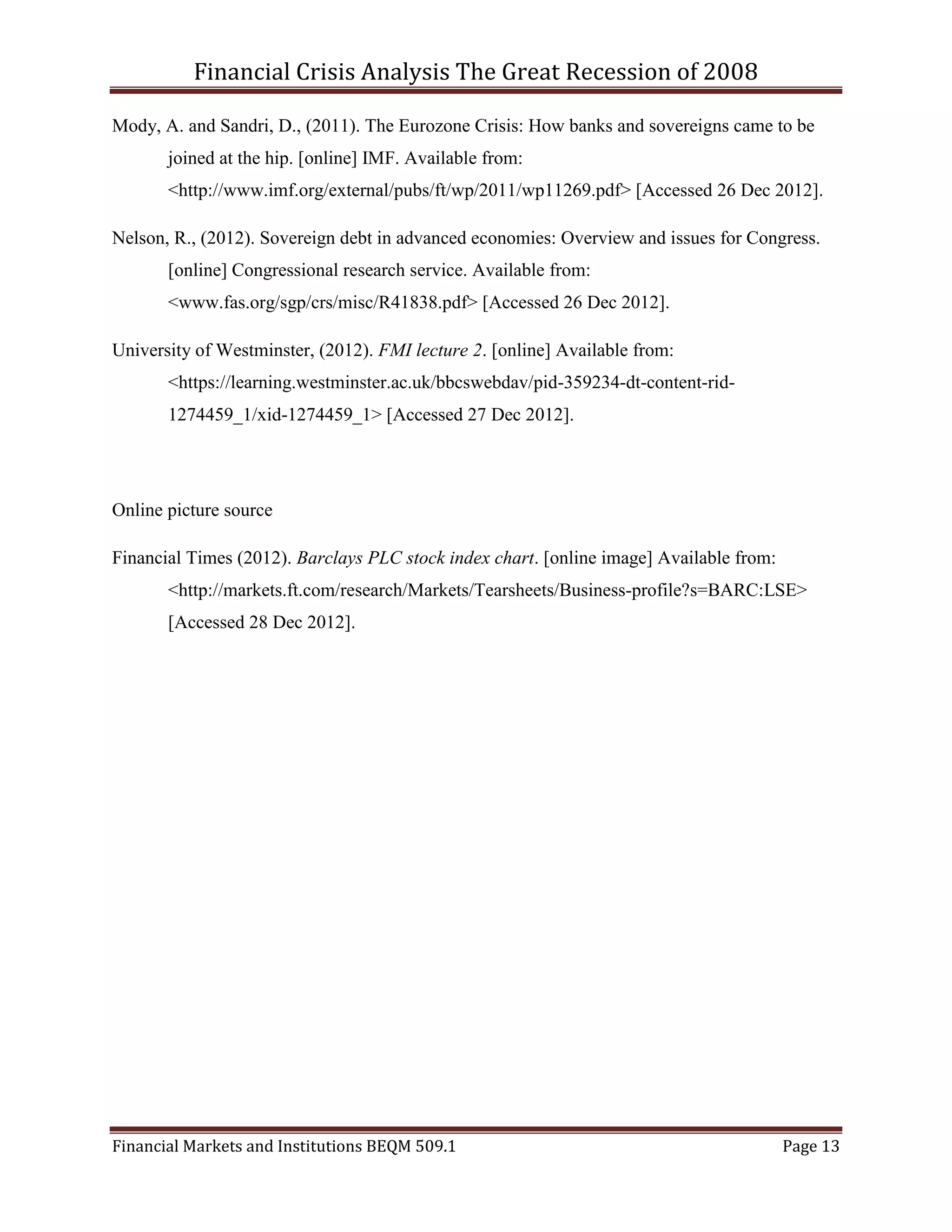 Financial Crisis Analysis - The Great Recession of 2008 | PDF