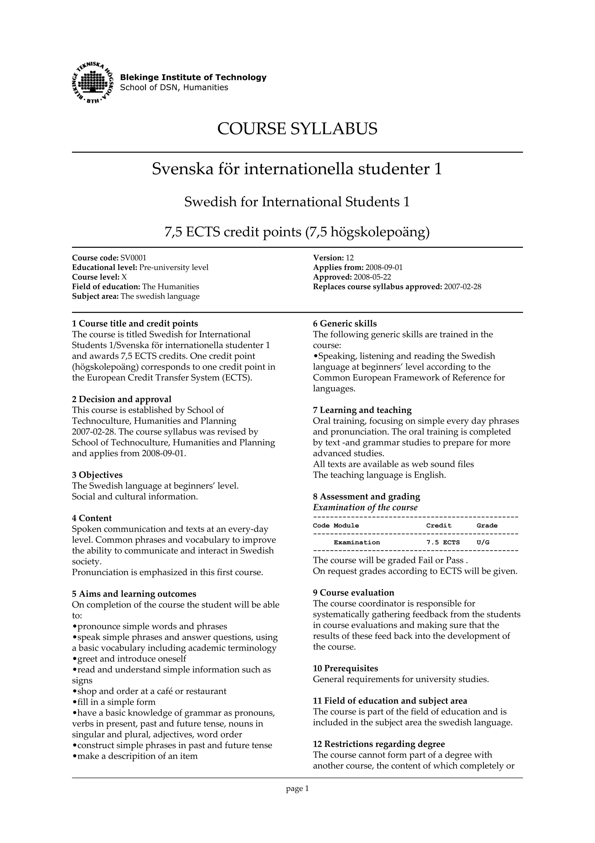 Syllabus-SV0001-Swedish for International Students 1 | PDF