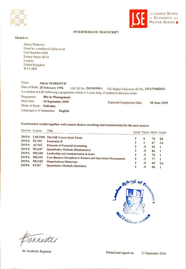 Aljosa LSE Transcript 2016 | PDF