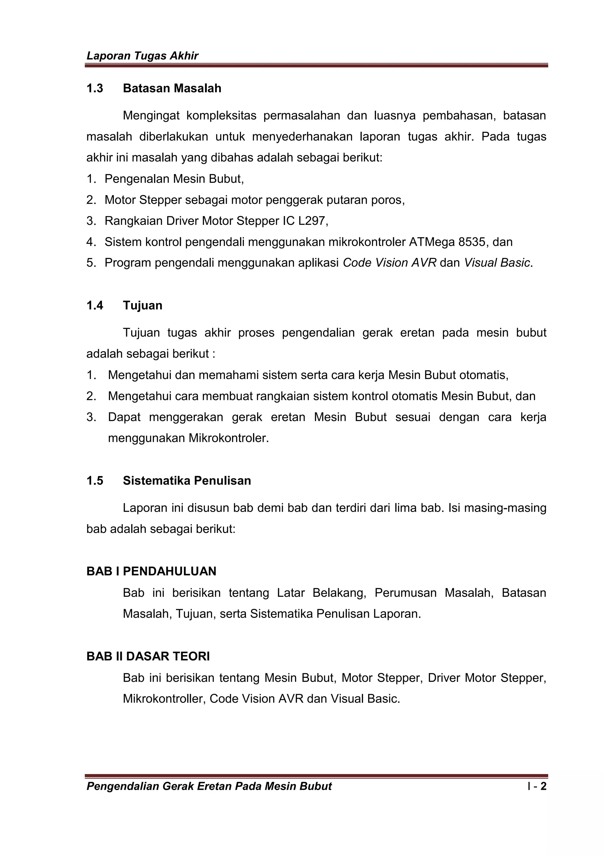 Laporan Tugas Akhir - Pengendalian Gerak Eretan Mesin Bubut | PDF