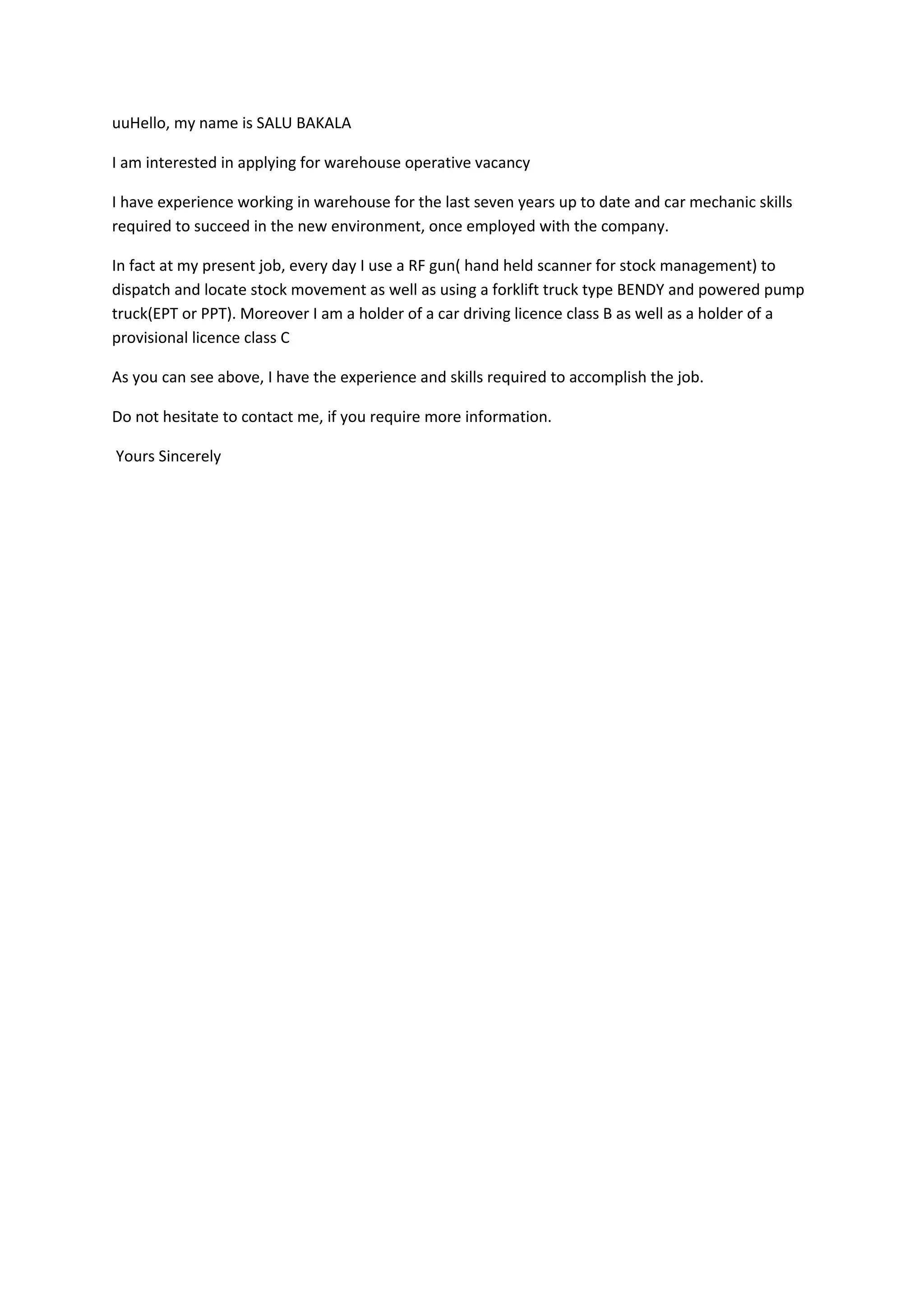 cover letter for warehouse operative | DOC