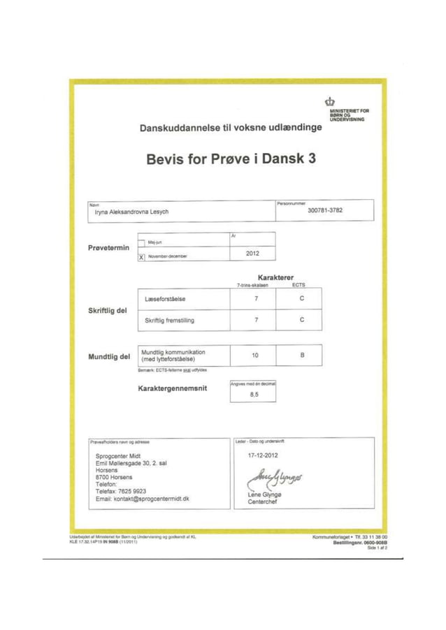 Bevis for prøve i Dansk 3 | PDF