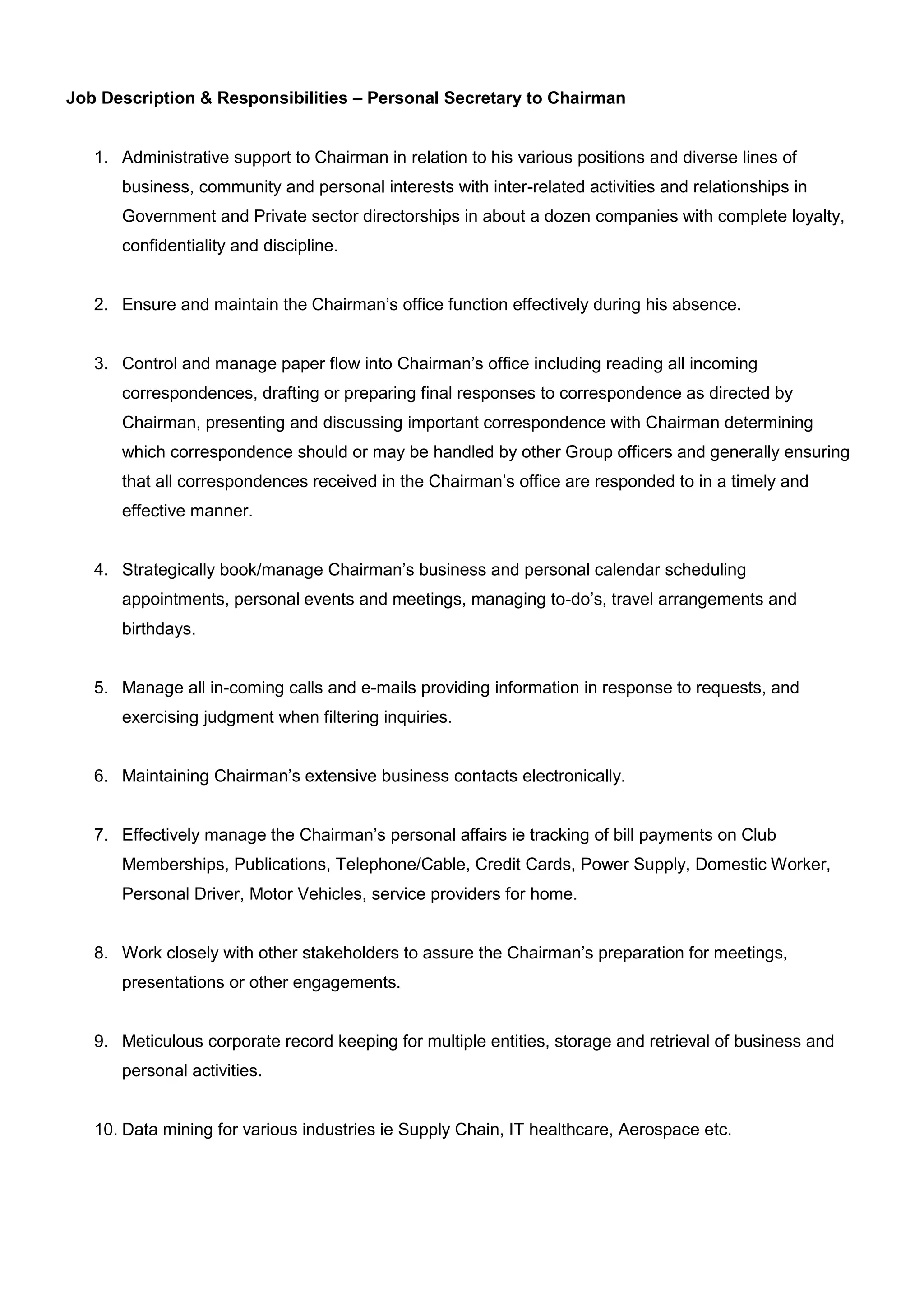 Job Description - Personal Secretary | PDF