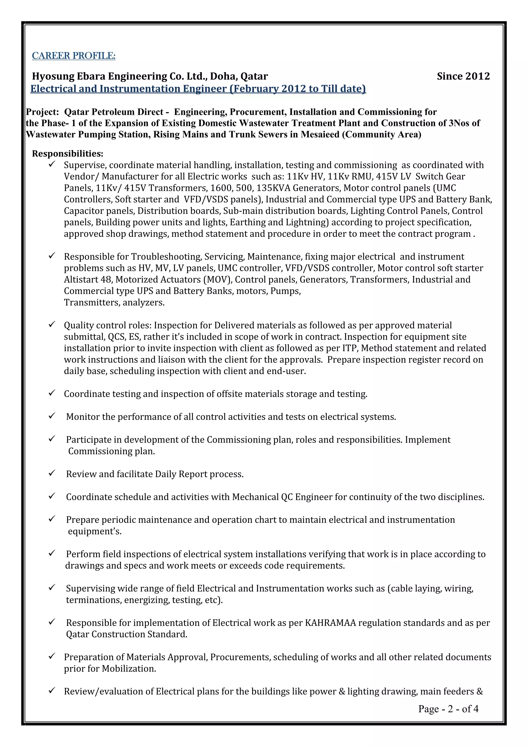 Electrical and Instrumentation Engineer- MZameel CV | PDF