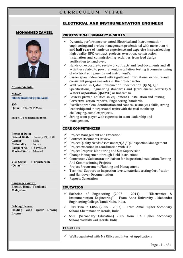 Electrical and Instrumentation Engineer- MZameel CV | PDF