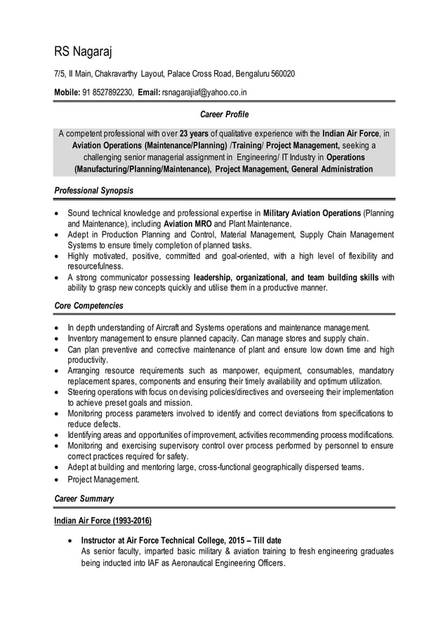Resume Wg Cdr RS Nagaraj | DOCX | Aviation Industry | Industries