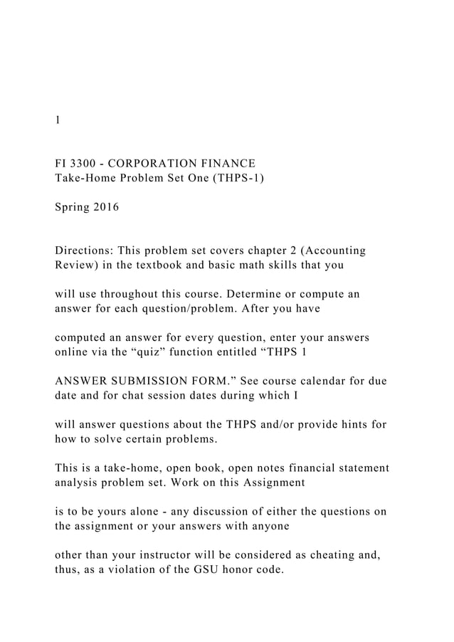 1 FI 3300 - CORPORATION FINANCE Take-Home Problem Set .docx