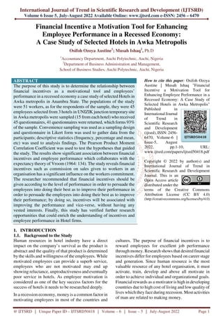 Financial Incentive a Motivation Tool for Enhancing Employee ...