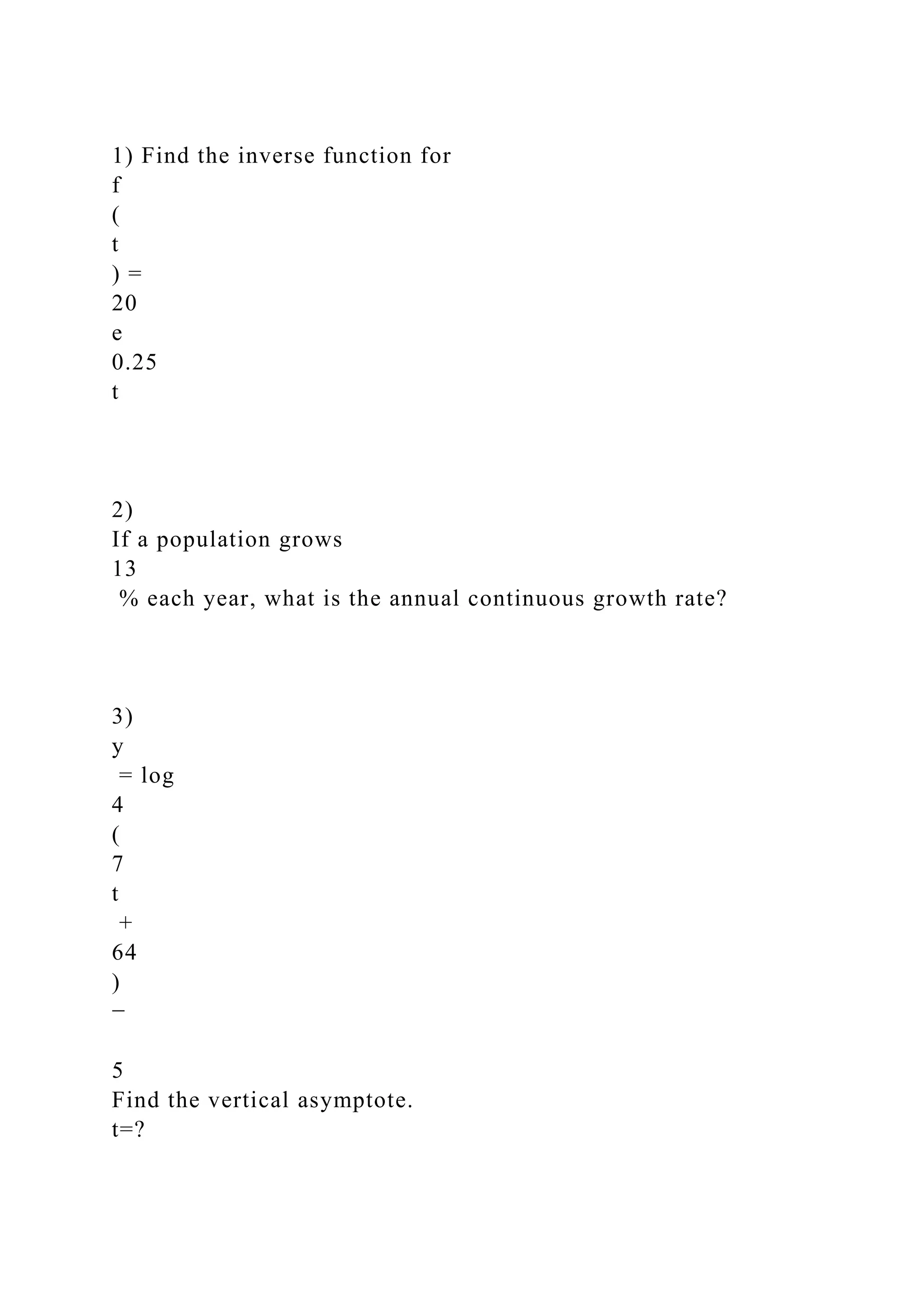 1) Find the inverse function forf(t) = 20e0.25t.docx