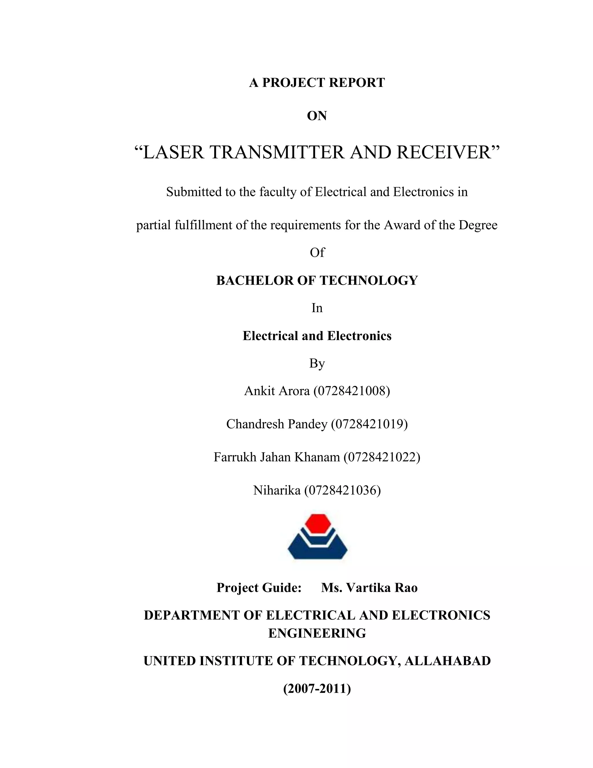 electrical_project_chandresh_report on laser Transmitter and Receiver_front page | DOCX