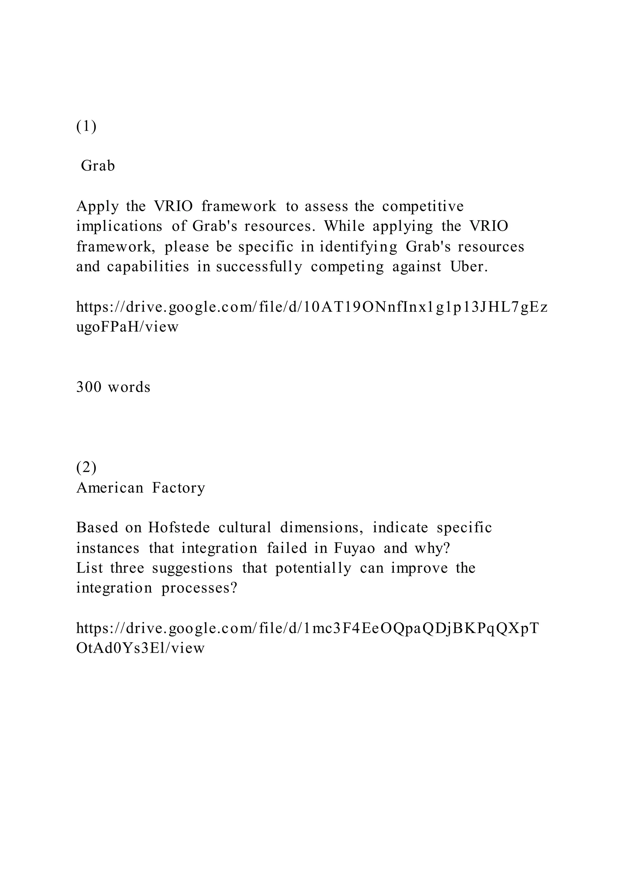 (1) GrabApply the VRIO framework to assess the competitive | DOCX