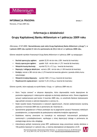 Wyniki Banku Millennium | PDF