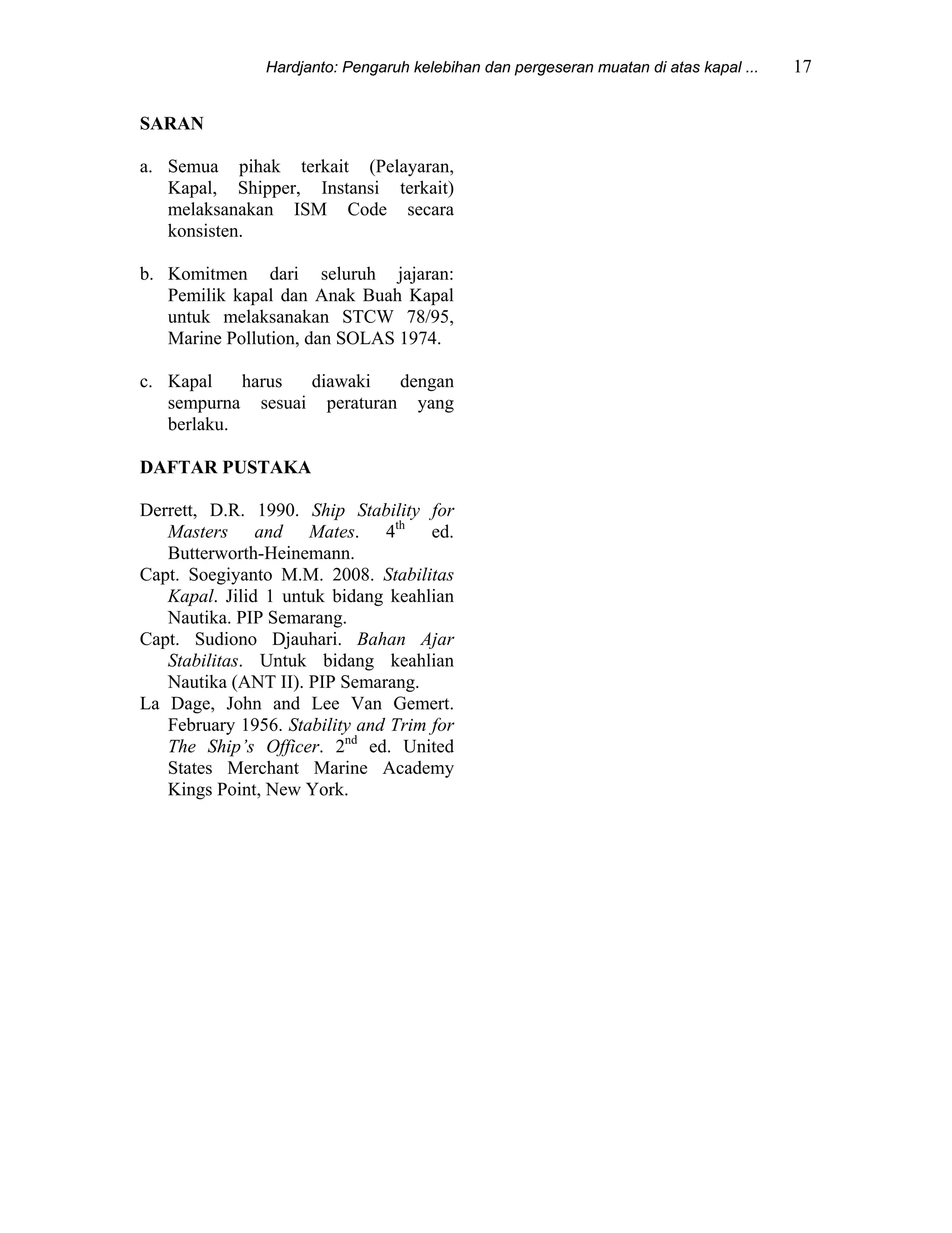 1 hardjanto pengaruh kelebihan dan pergeseran muatan di atas kapal ...