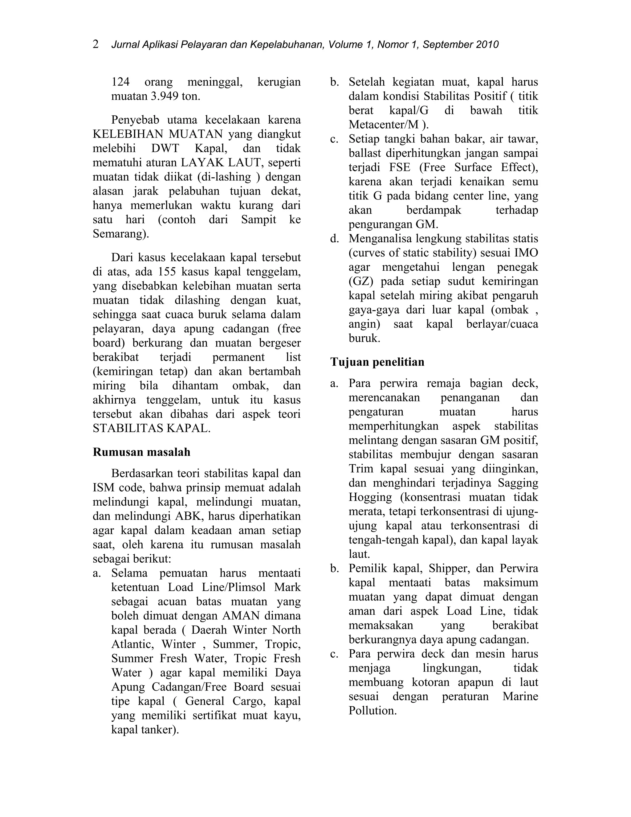 1 hardjanto pengaruh kelebihan dan pergeseran muatan di atas kapal terhadap stabilitas kapal | PDF