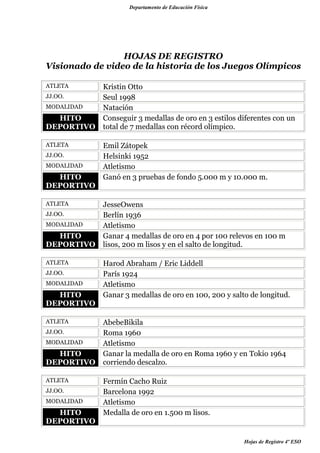 hojas de registro atletismo y olimpismo | PDF