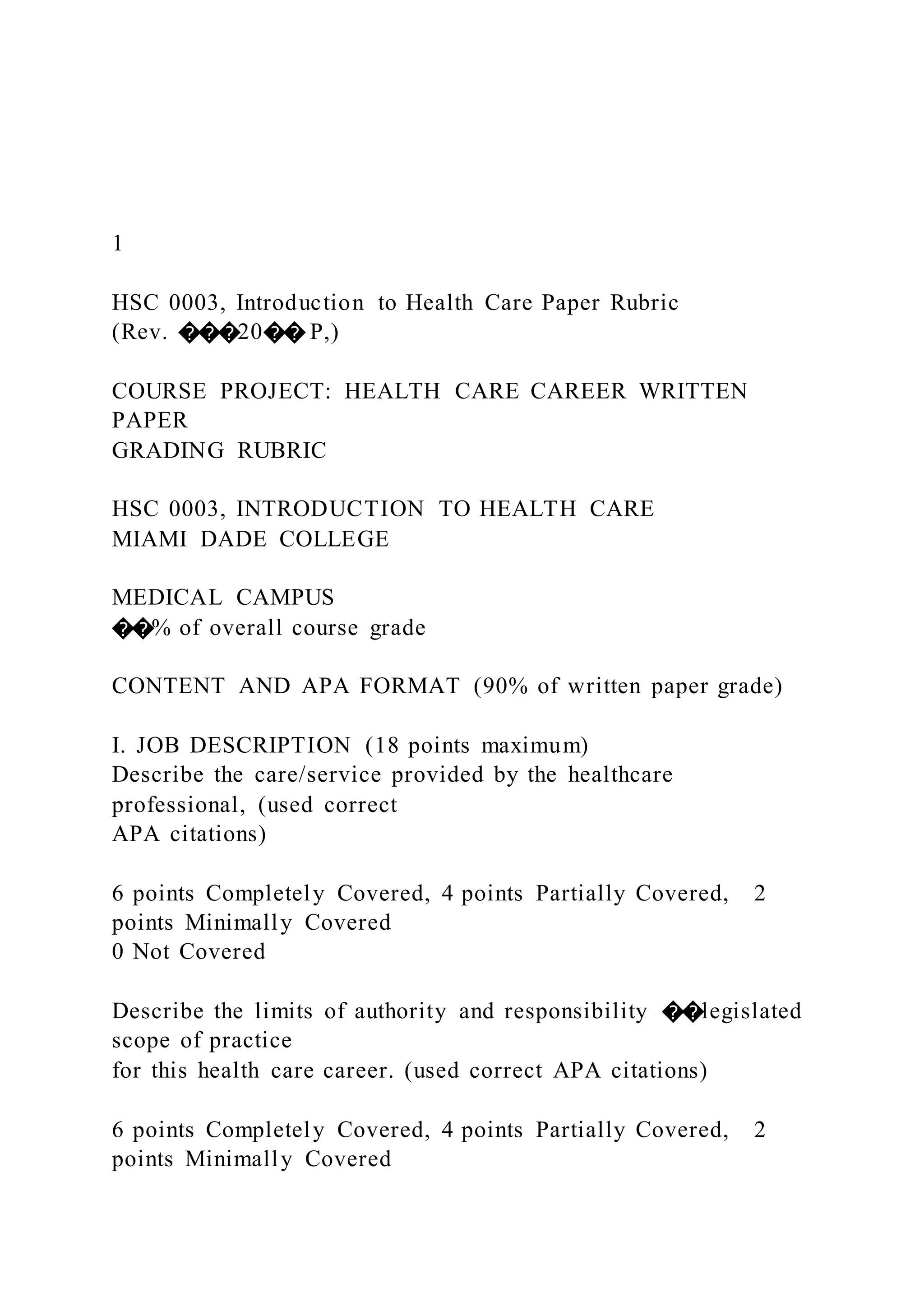 1 HSC 0003, Introduction to Health Care Paper Rubric (Re | DOCX