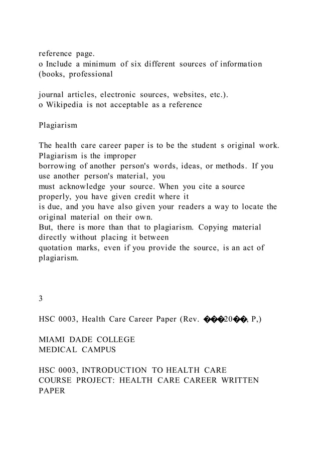 1 HSC 0003, Introduction to Health Care Paper Rubric (Re | DOCX