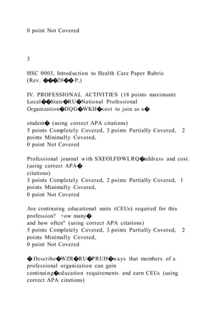 1 HSC 0003, Introduction to Health Care Paper Rubric (Re | DOCX