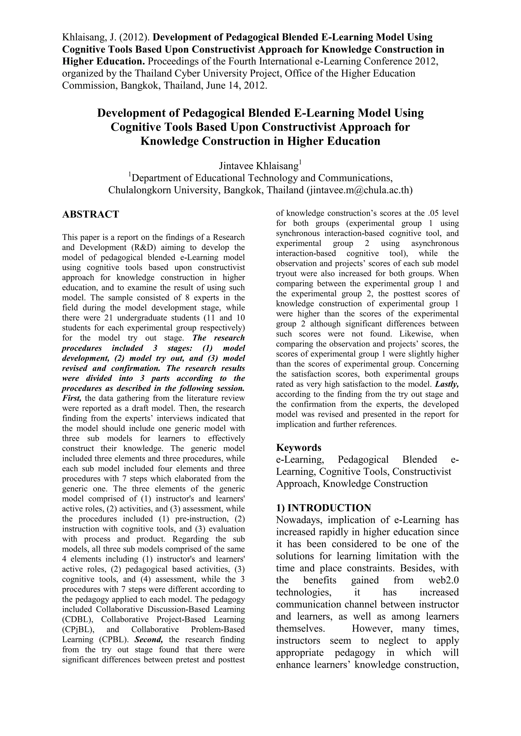 Development of Pedagogical Blended E-Learning Model Using Cognitive Tools Based Upon ...