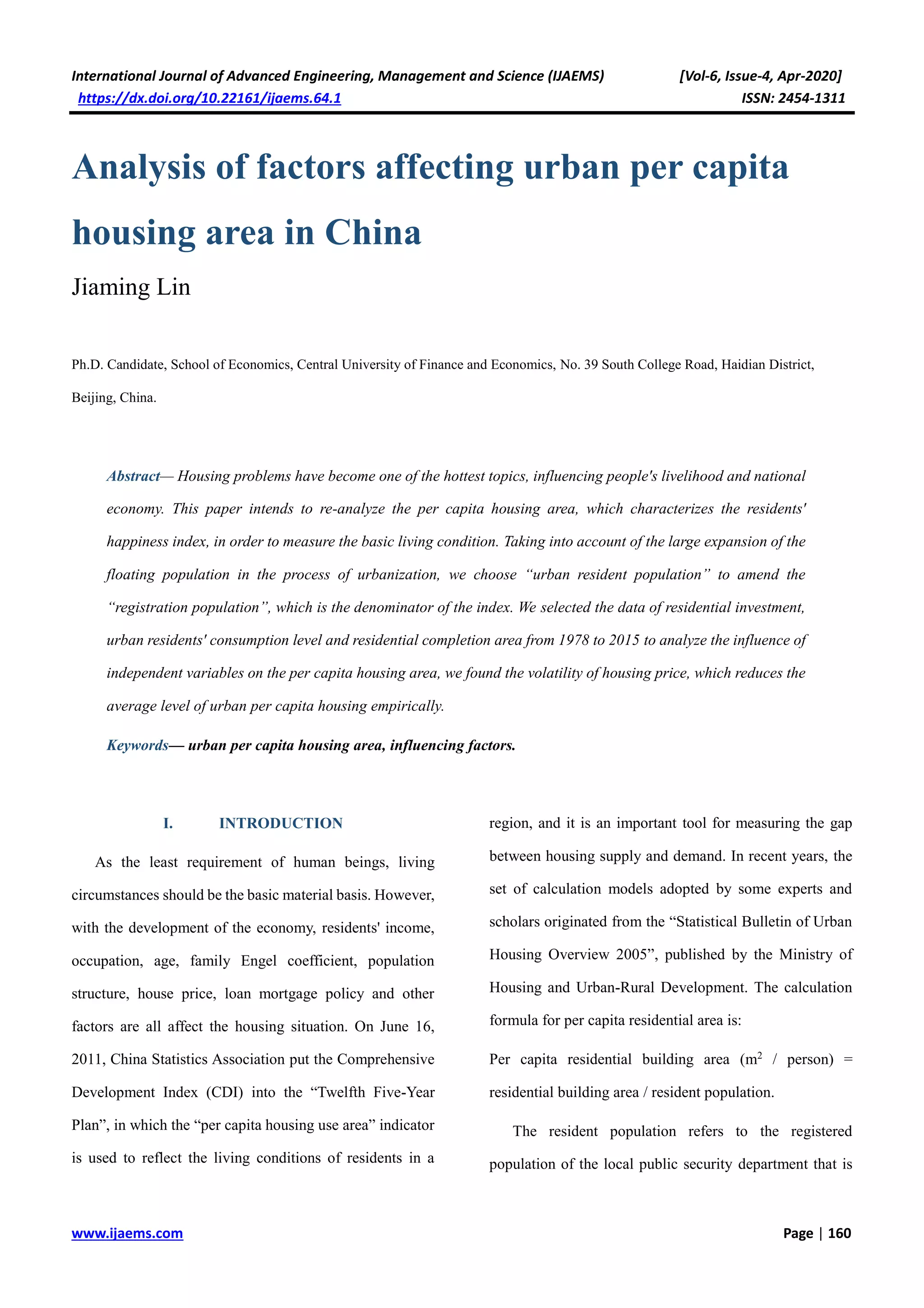 Analysis of factors affecting urban per capita housing area in China | PDF