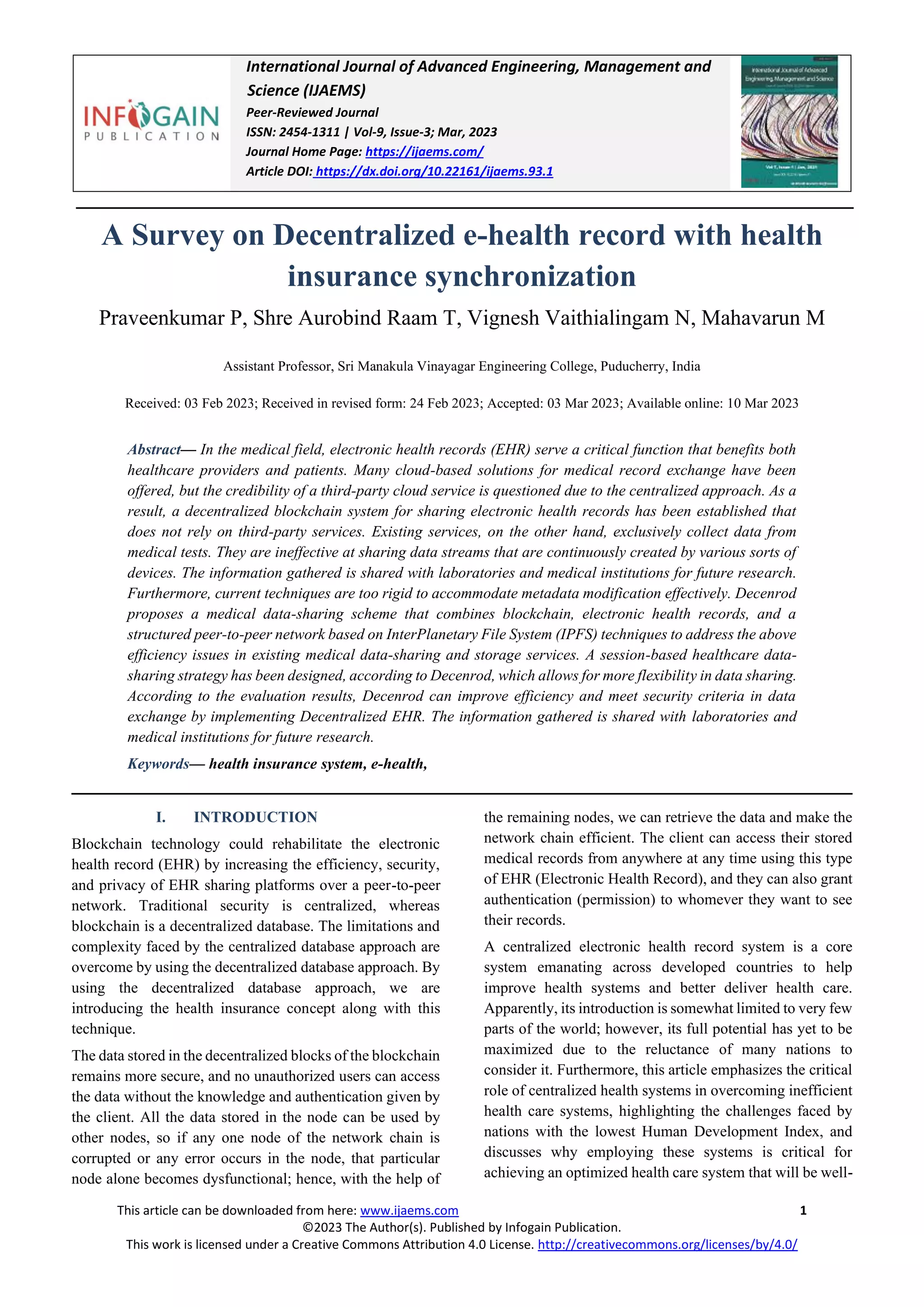 A Survey on Decentralized e-health record with health insurance ...