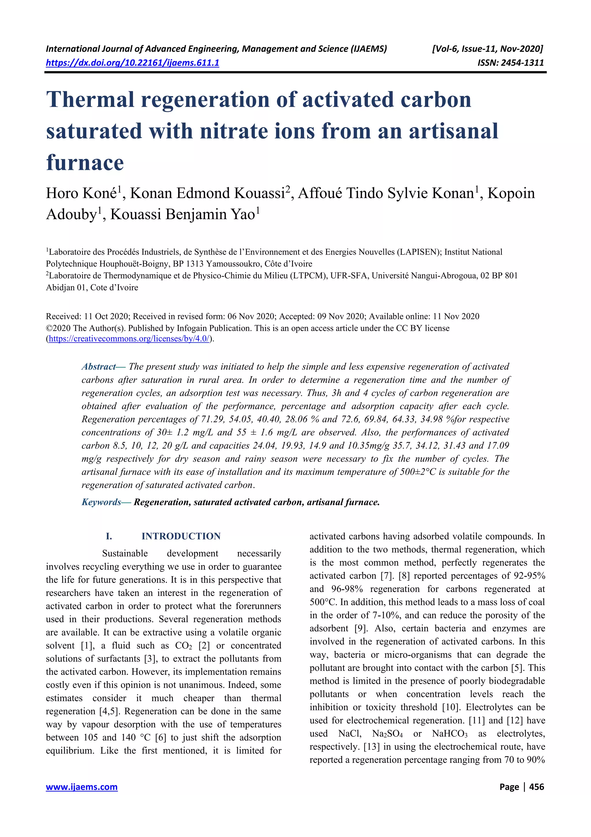 Thermal regeneration of activated carbon saturated with nitrate ions ...