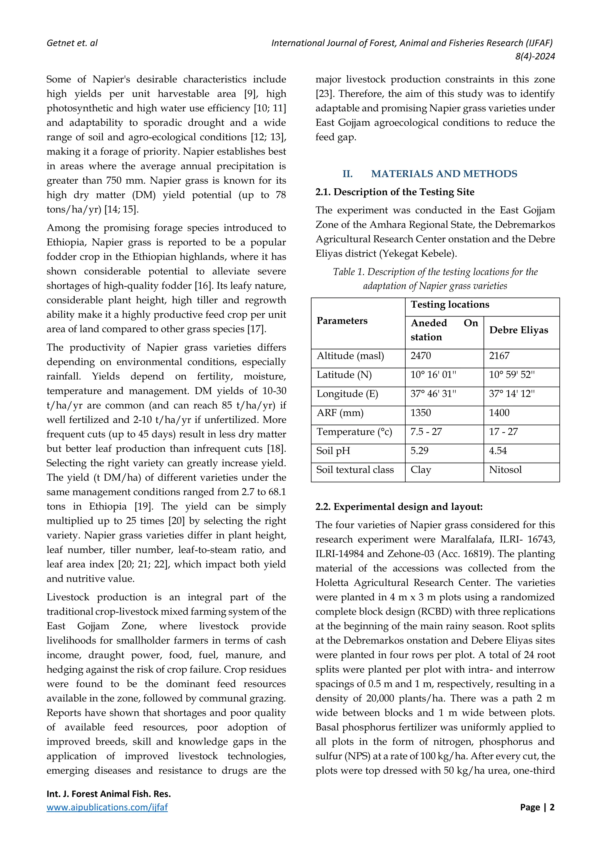 Adaptation of Napier grass varieties in the highlands of East Gojjam | PDF