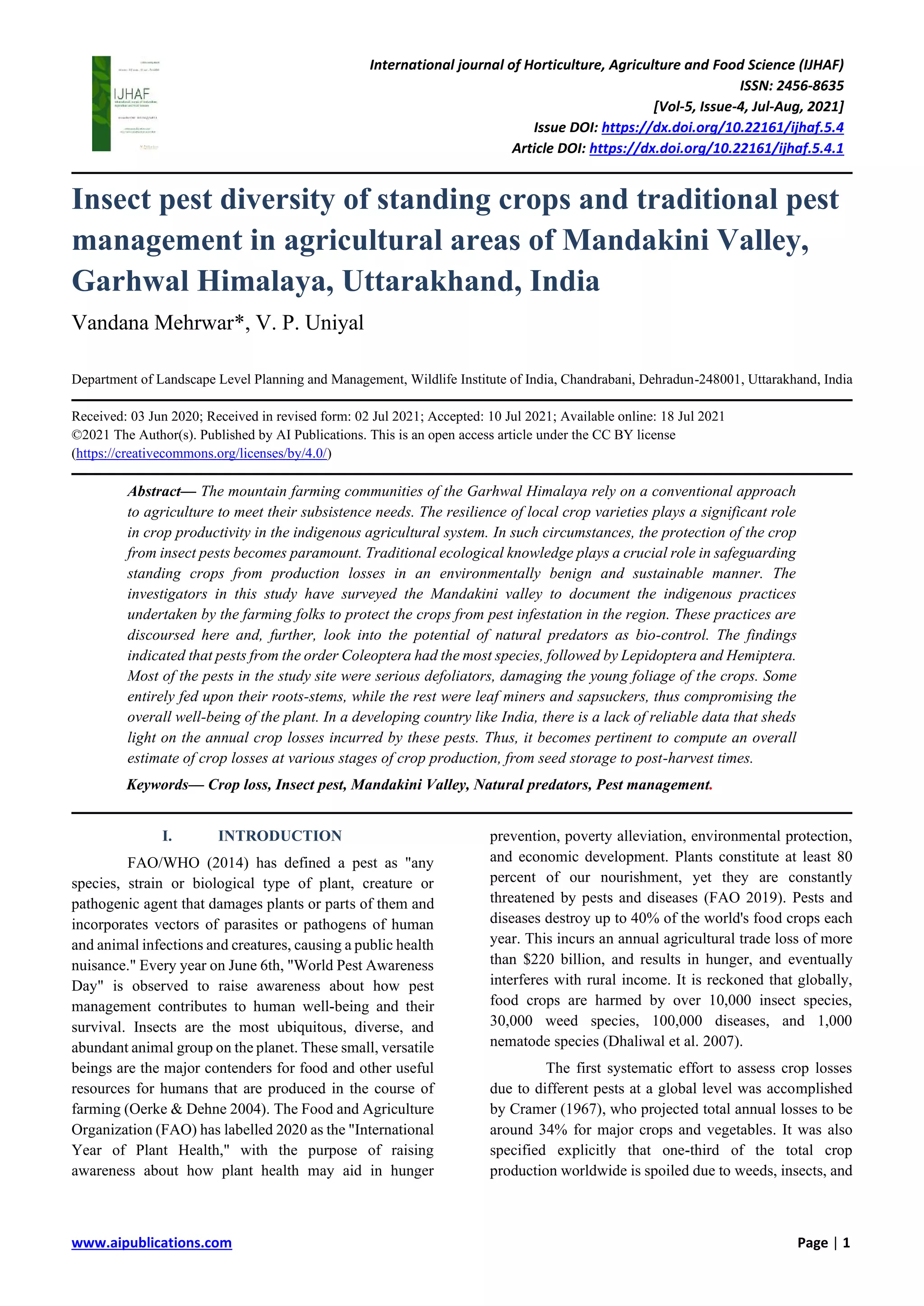 Insect pest diversity of standing crops and traditional pest management ...