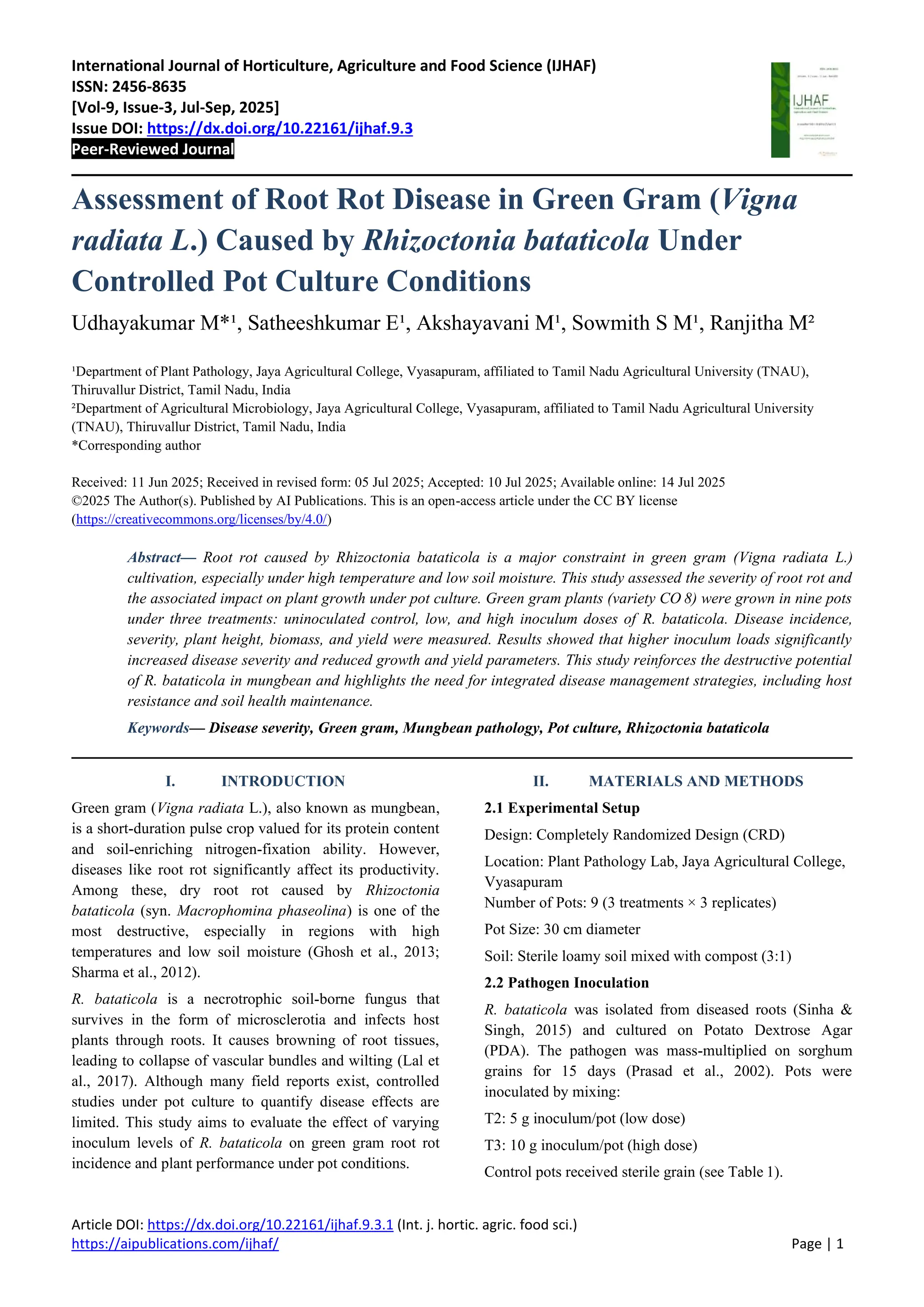 Assessment of Root Rot Disease in Green Gram (Vigna radiata L.) Caused ...