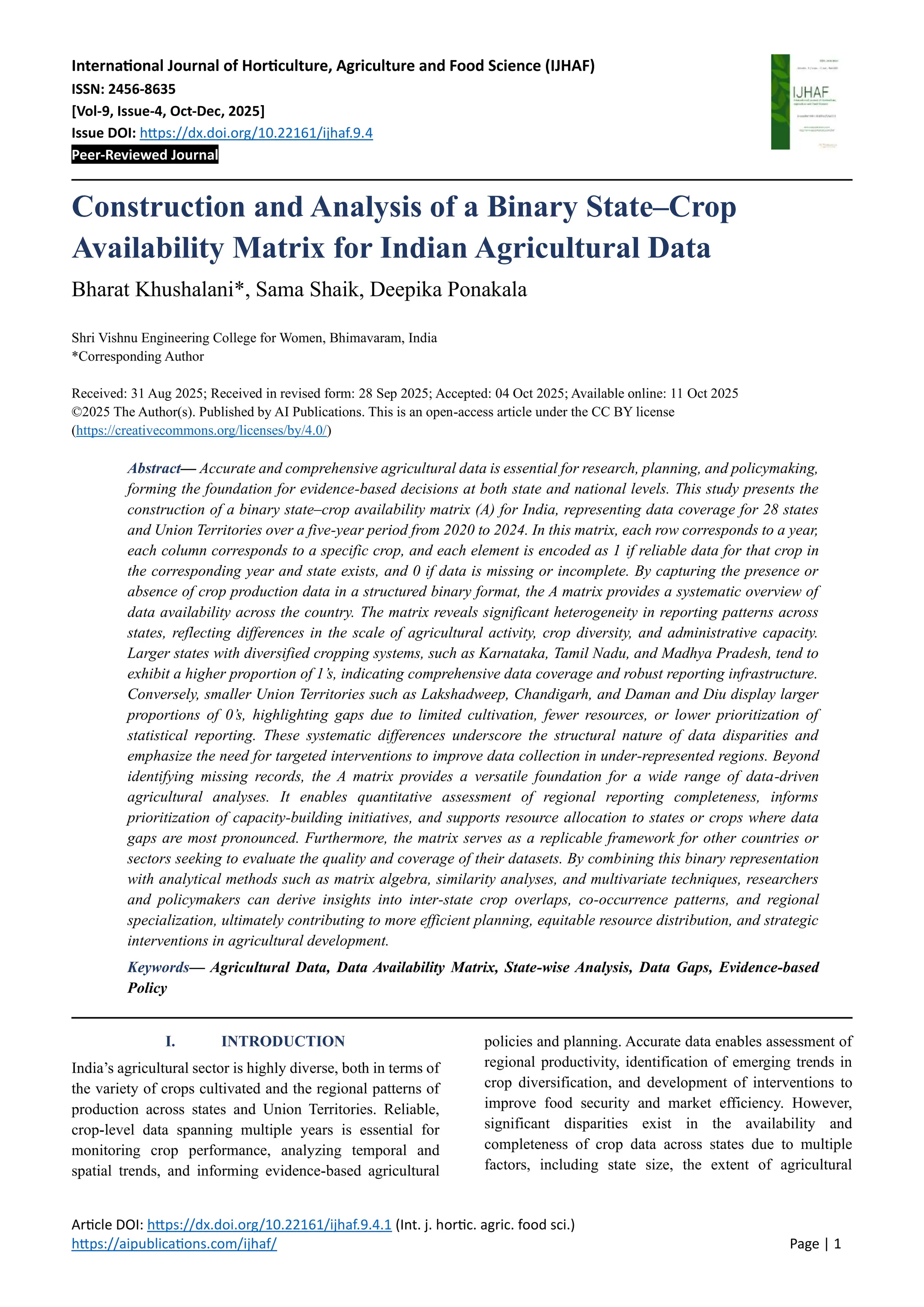 Construction and Analysis of a Binary State–Crop Availability Matrix for Indian Agricultural ...