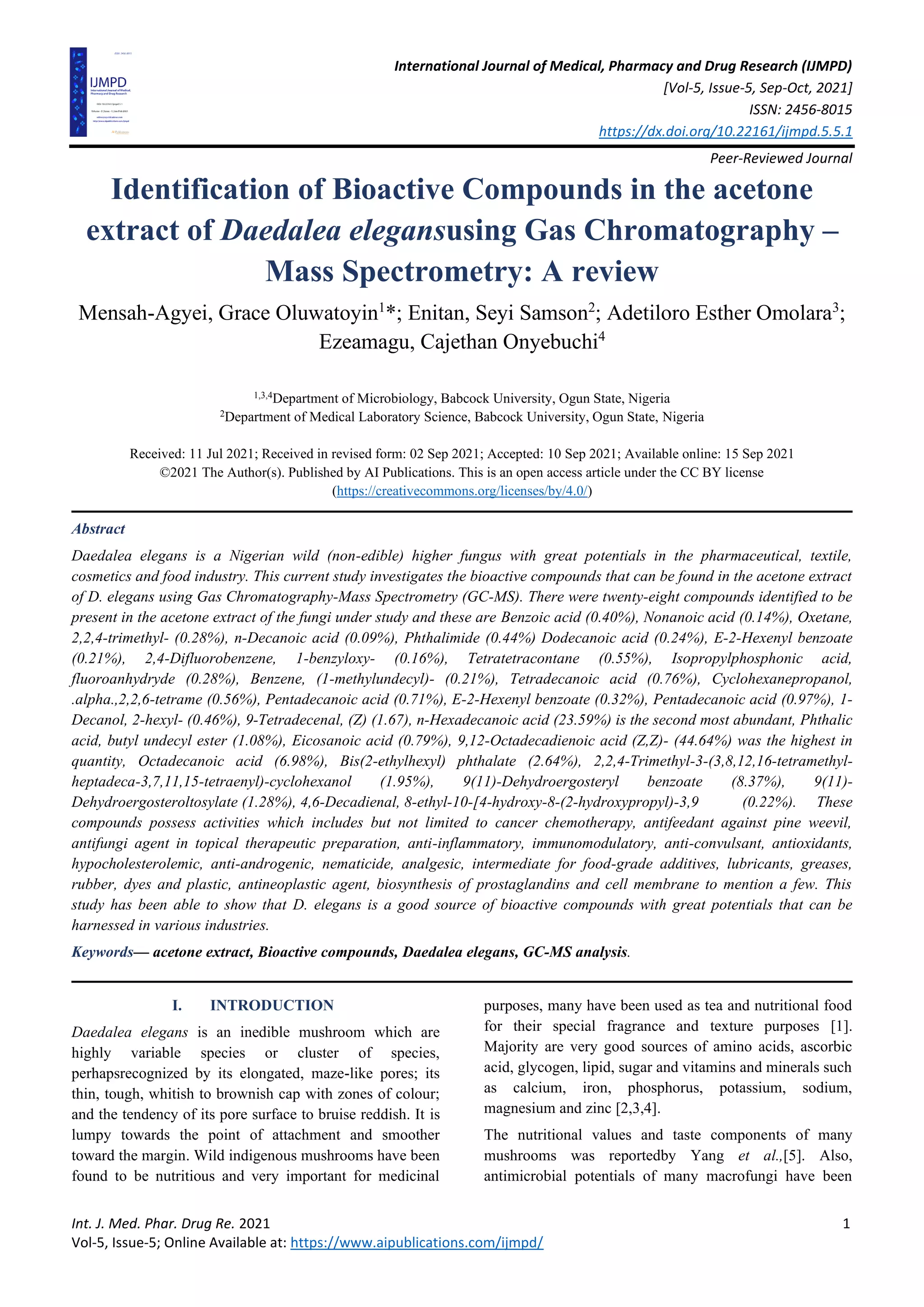 Identification of Bioactive Compounds in the acetone extract of ...
