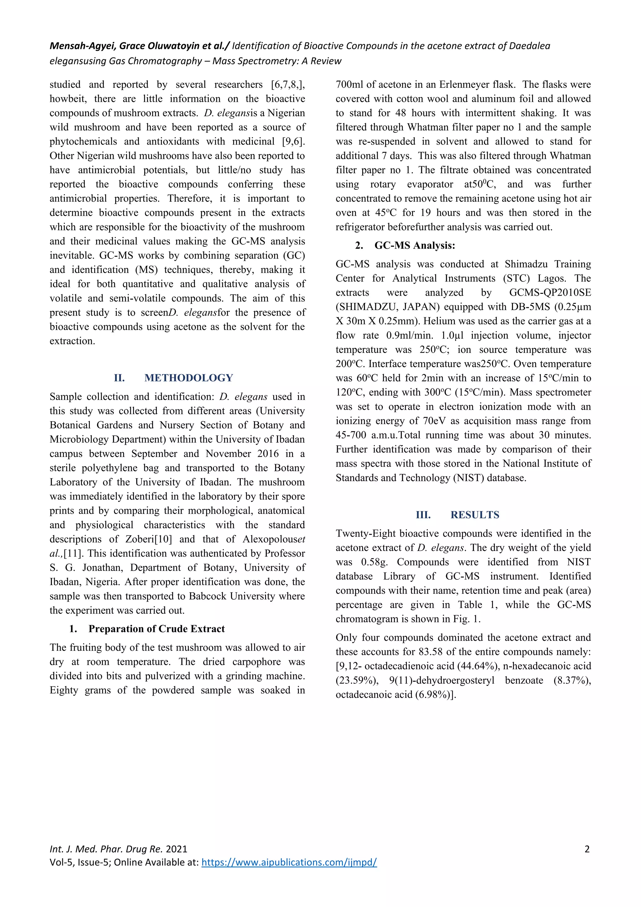 Identification of Bioactive Compounds in the acetone extract of ...