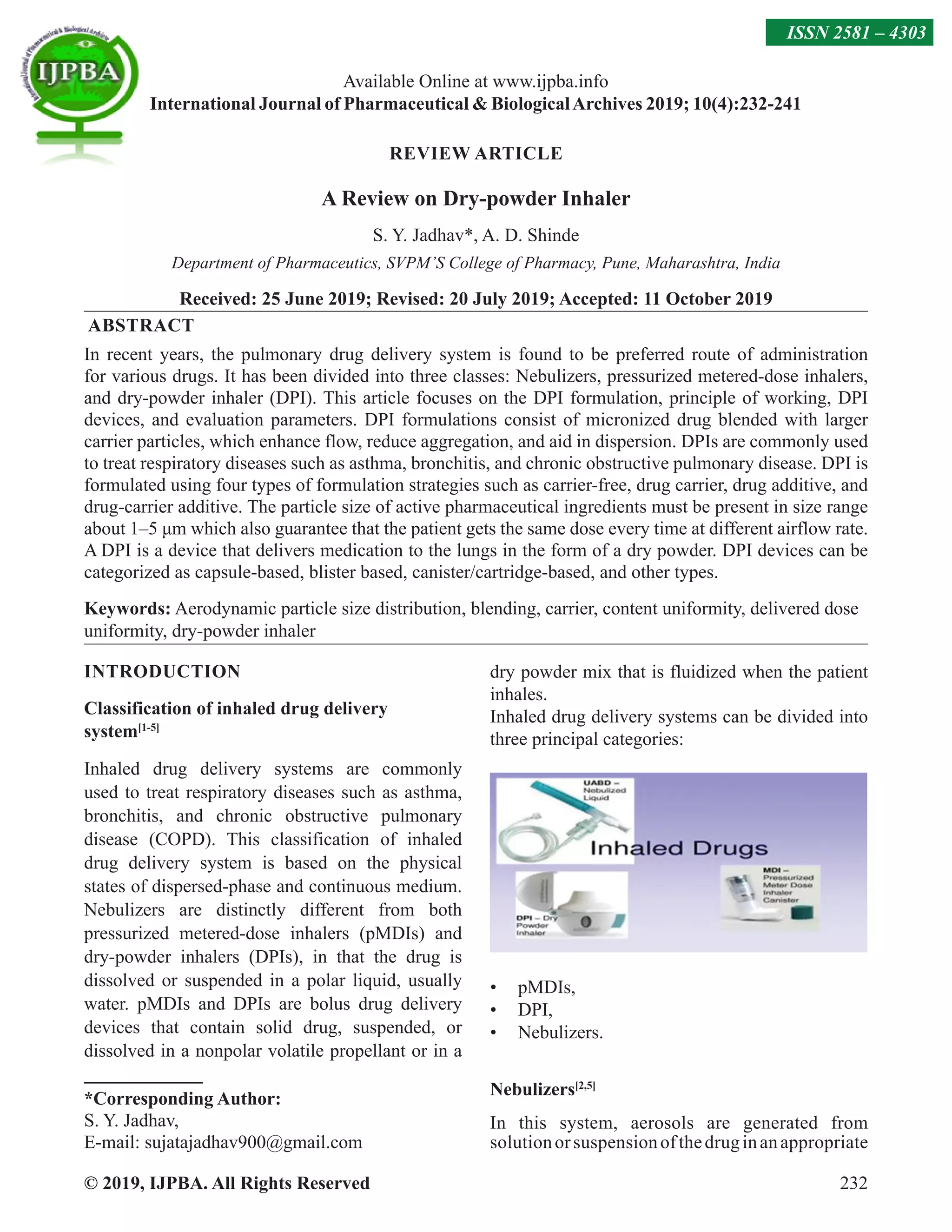 A Review on Dry-powder Inhaler | PDF