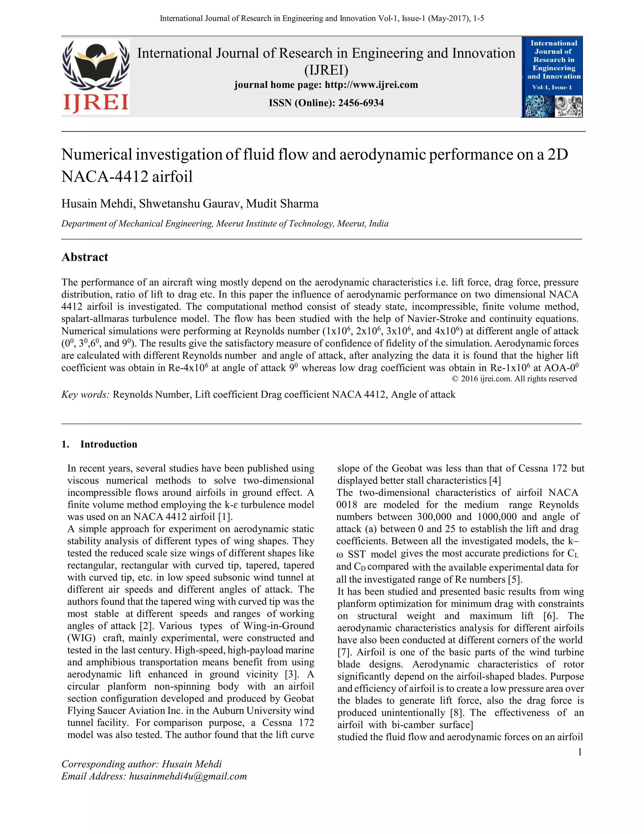 Numerical investigation of fluid flow and aerodynamic performance on a 2D NACA-4412 airfoil ...