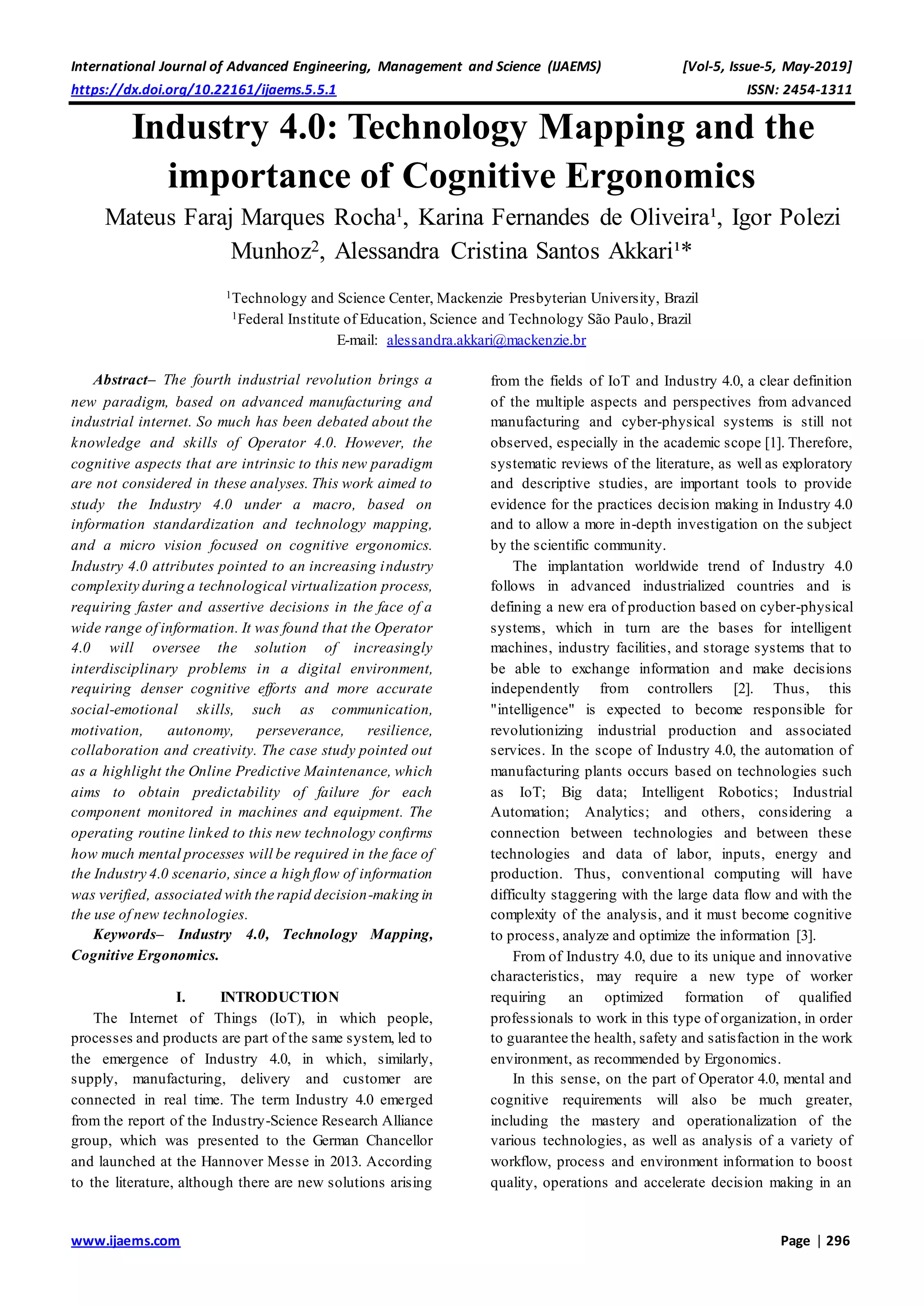 Industry 4.0: Technology Mapping and the importance of Cognitive Ergonomics | PDF