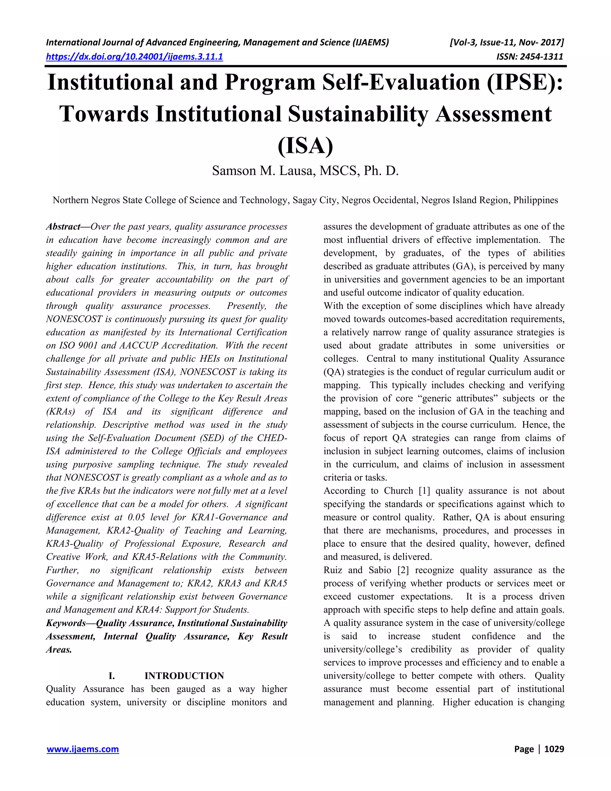 Institutional and Program Self-Evaluation (IPSE): Towards Institutional Sustainability ...