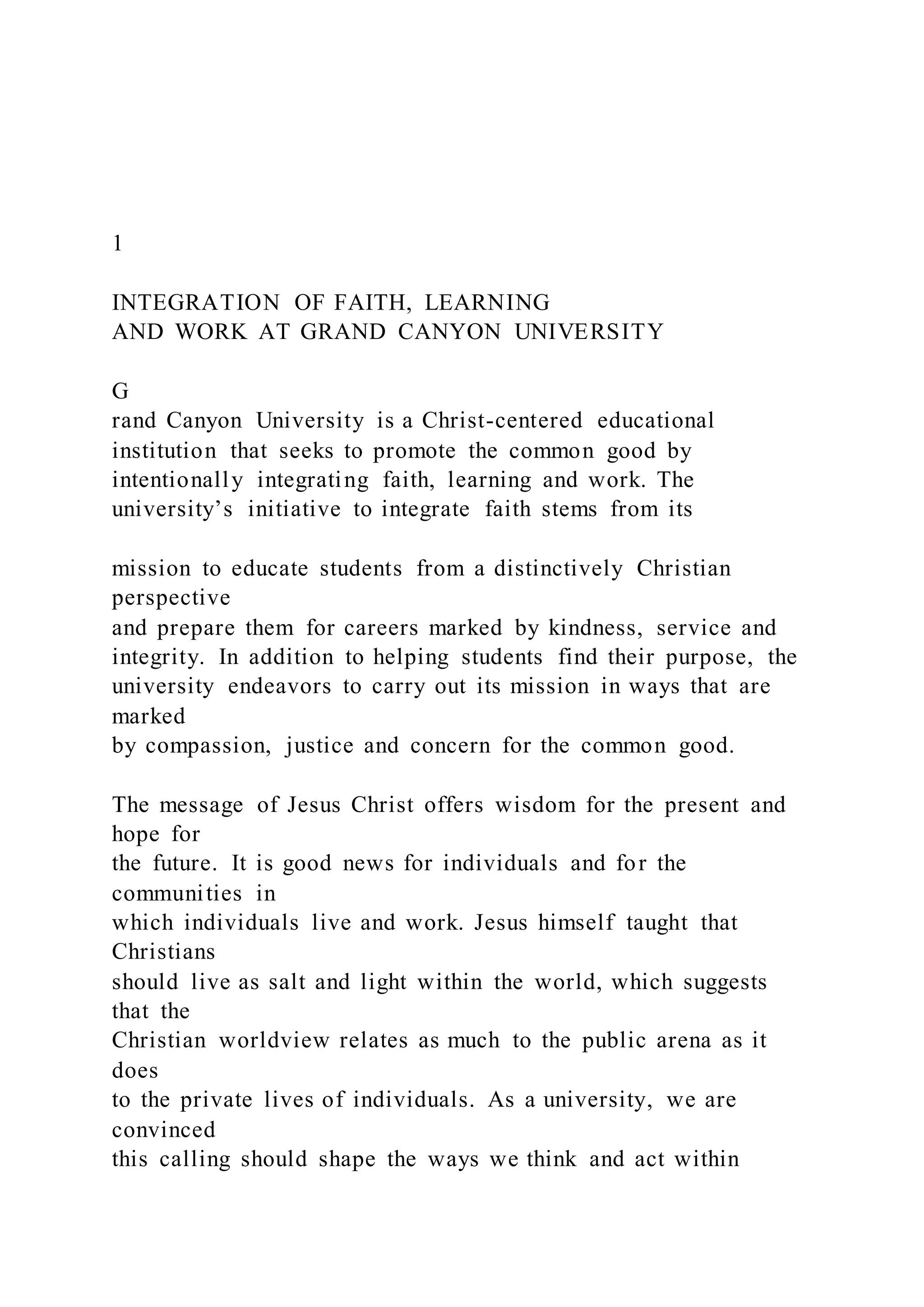 1INTEGRATION OF FAITH, LEARNING AND WORK AT GRAND CANYO | DOCX