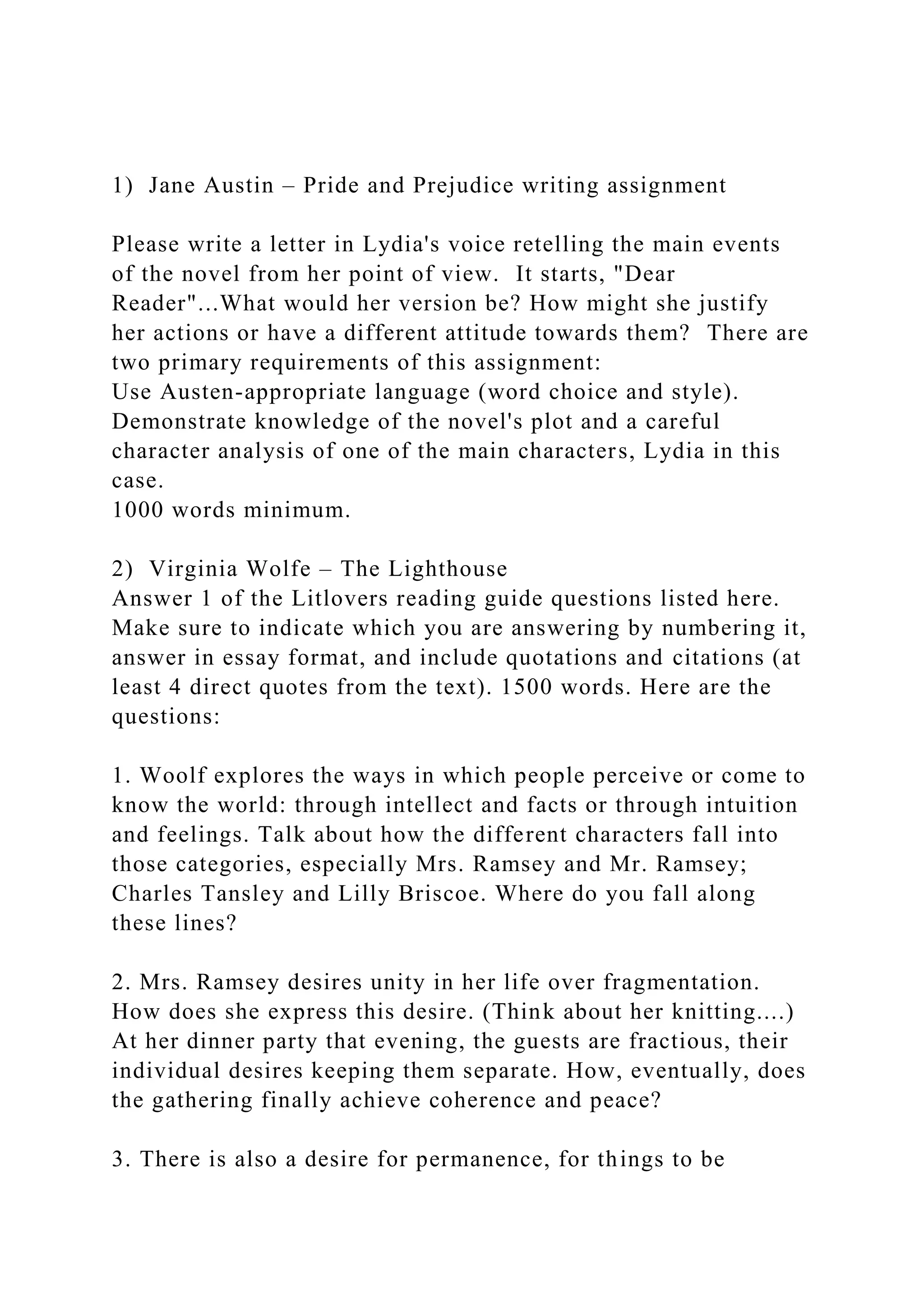 1) Jane Austin – Pride and Prejudice writing assignmentPlease.docx