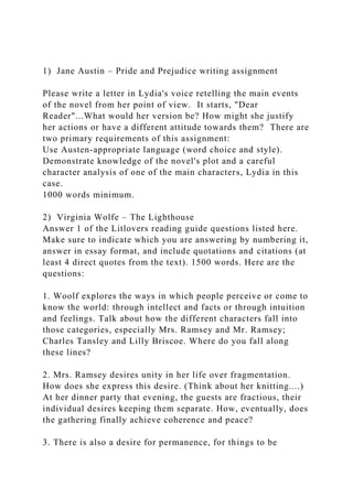 1) Jane Austin – Pride and Prejudice writing assignmentPlease.docx