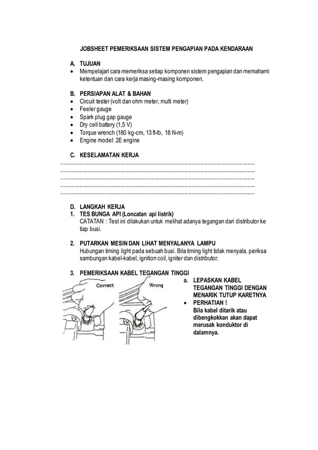Jobsheet Pemeriksaan Sistem Pengapian Pada Kendaraan | DOCX
