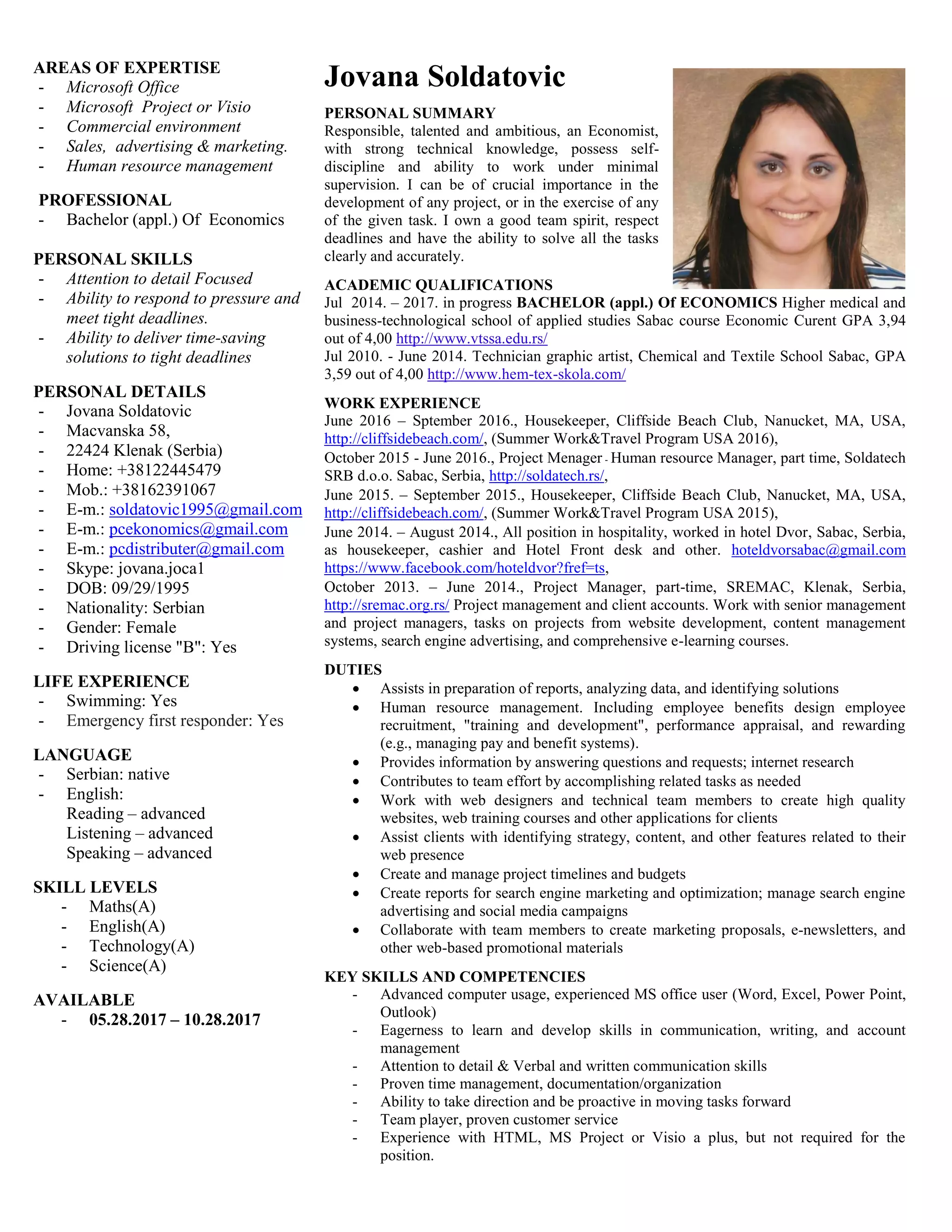 Jovana Soldatovic cv 2016 | PDF