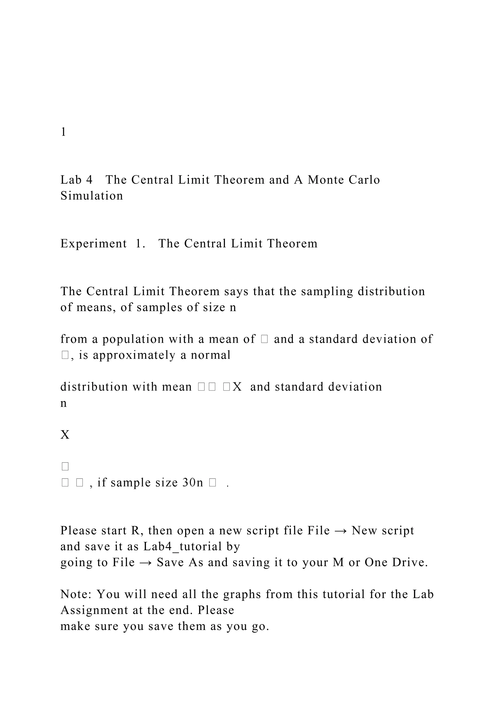 1 Lab 4 The Central Limit Theorem and A Monte Carlo Si.docx