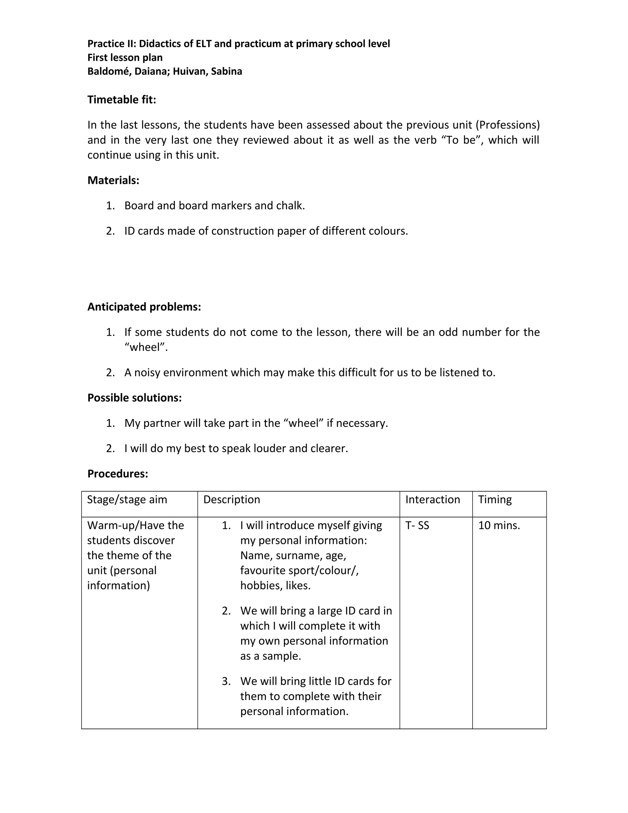 1º lesson plan personal information | DOC